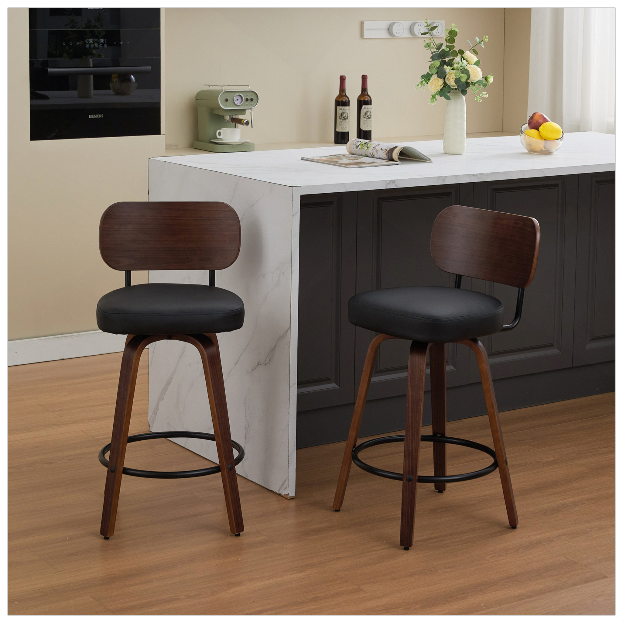 George Oliver Swivel Bar Stools Set Of 2, 26" Upholstered Faux Leather ...