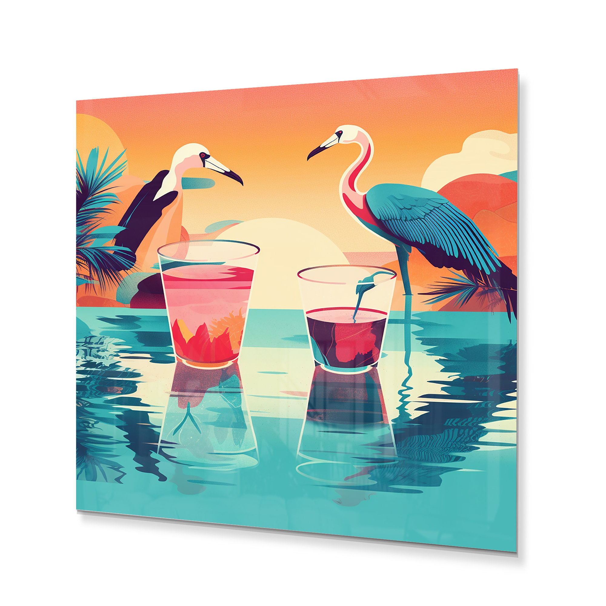 Bay Isle Home™ Blue Pink Flamingos In The Sea At Sunset | Wayfair