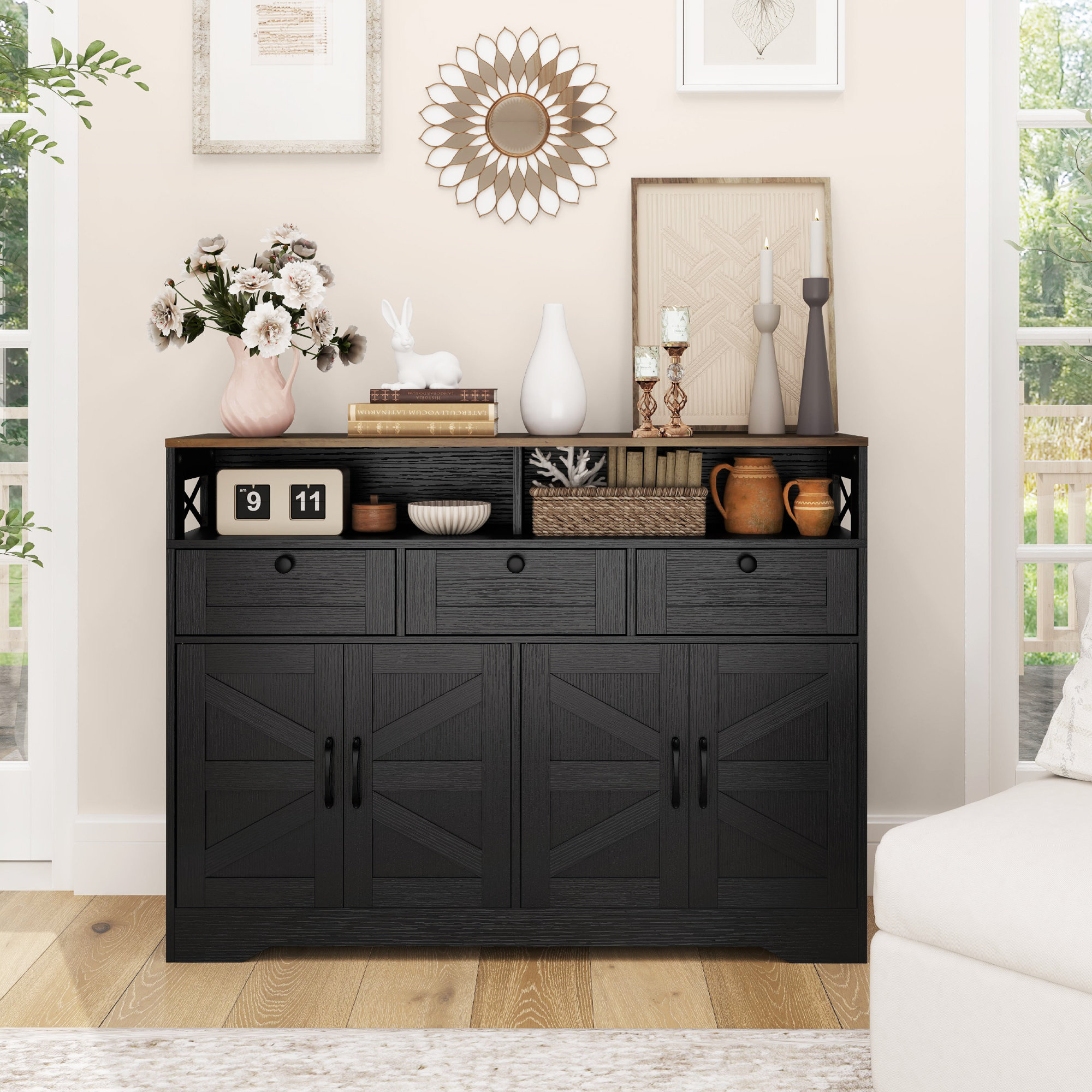 Lark Manor Sideboard, Buffet Cabinet with 4 Barn Doors and 3 Drawers ...
