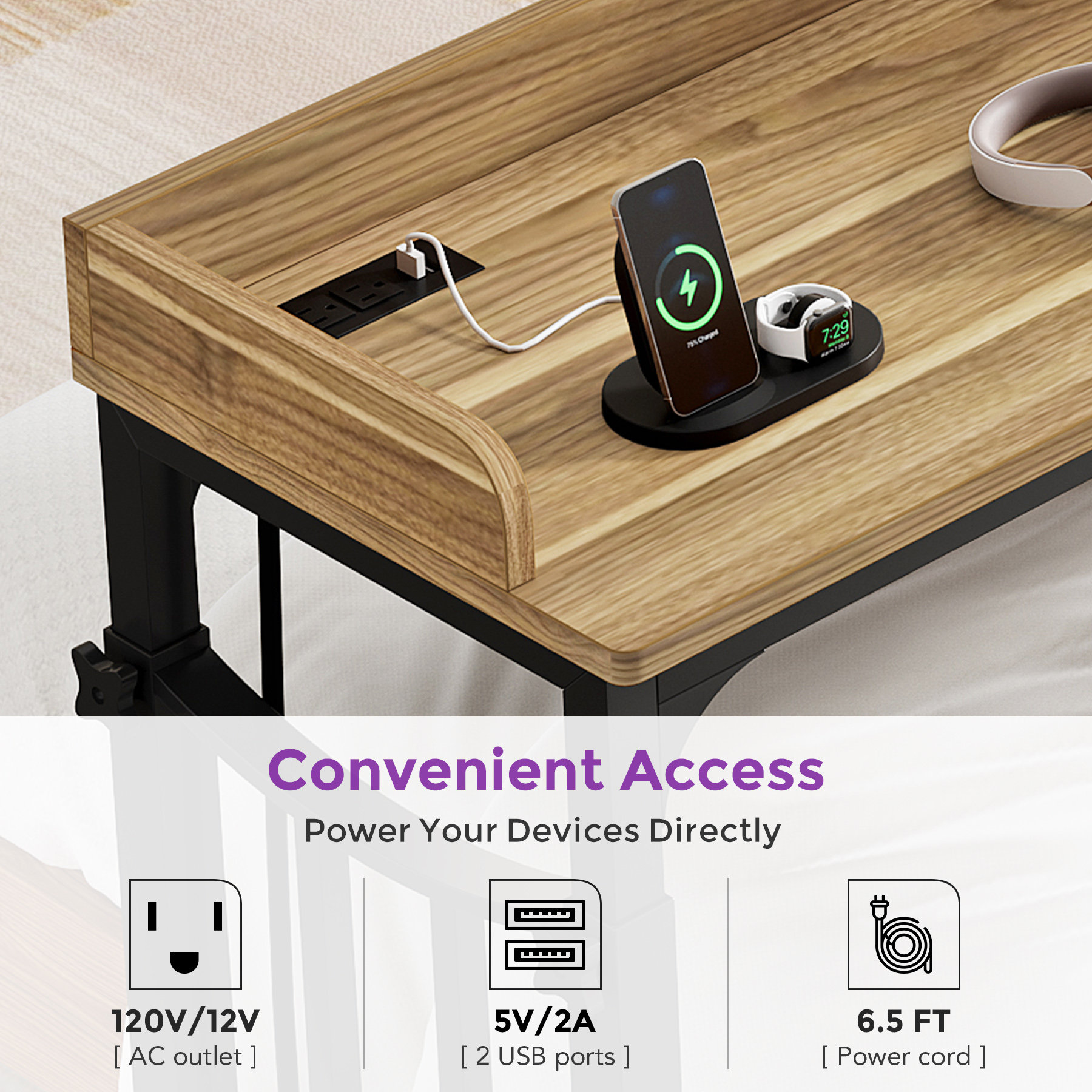 17 Stories 70.86'' W Adjustable Overbed Table With Power Station ...