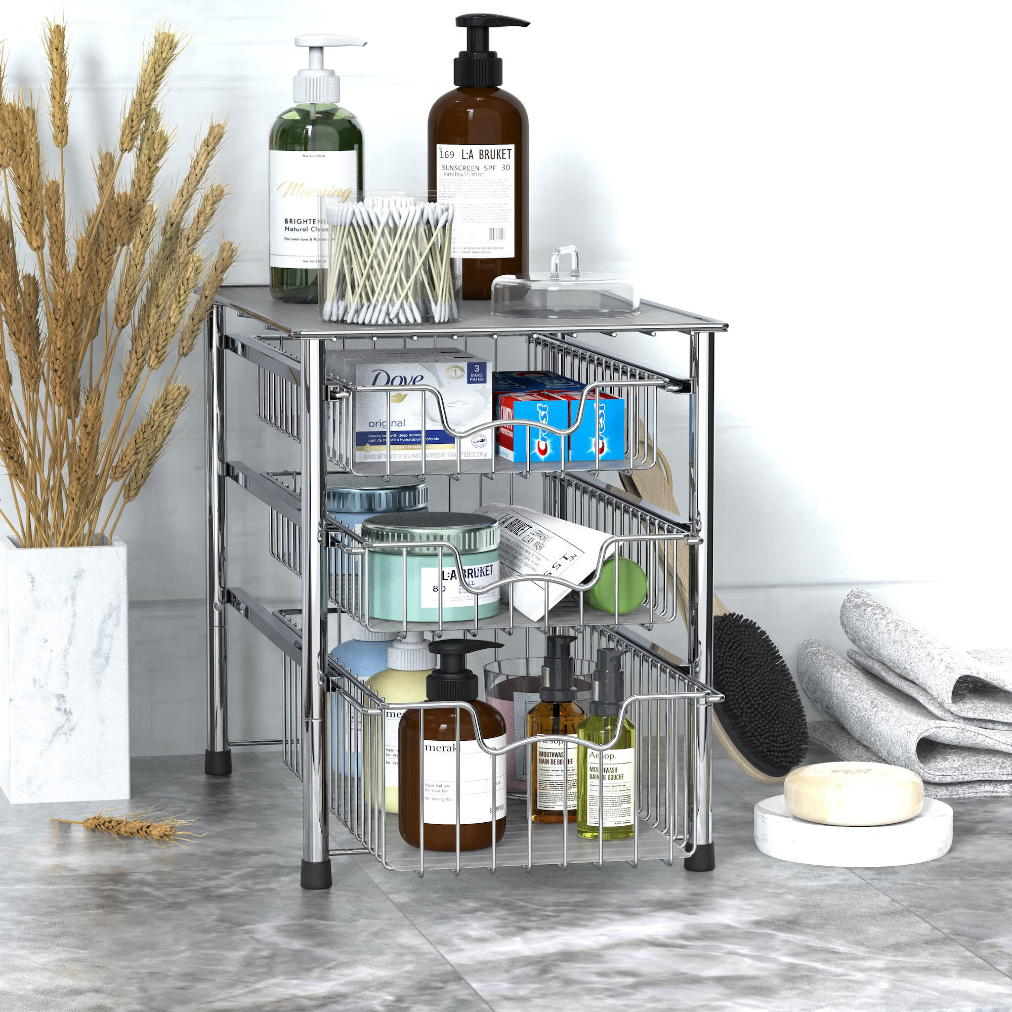 Rebrilliant Stackable 3 Tier Sliding Basket Organizer Drawer, Chrome ...