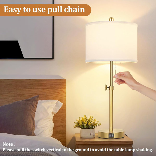 Mercer41 Gold Adjustable Bedside Table Lamps Set Of 2 With Dual USB ...