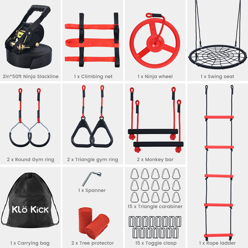 Klo Kick 50ft Ninja Warrior Obstacle Course for Kids with Spider Swing ...