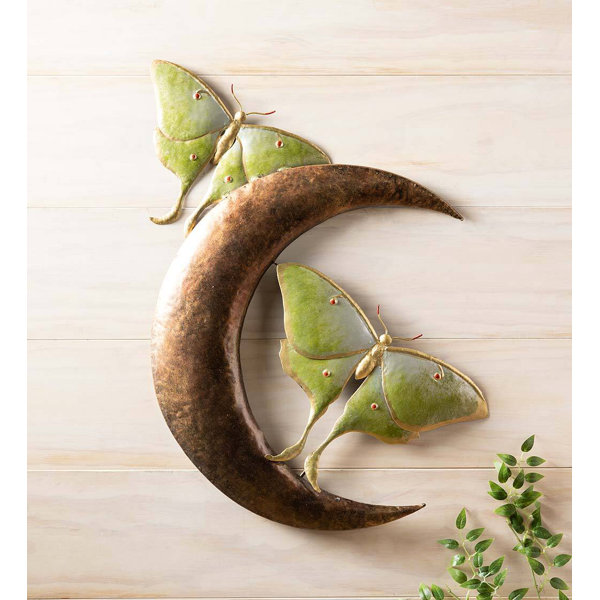 August Grove® Handcrafted Metal Luna Moths and Crescent Moon Wall Décor ...