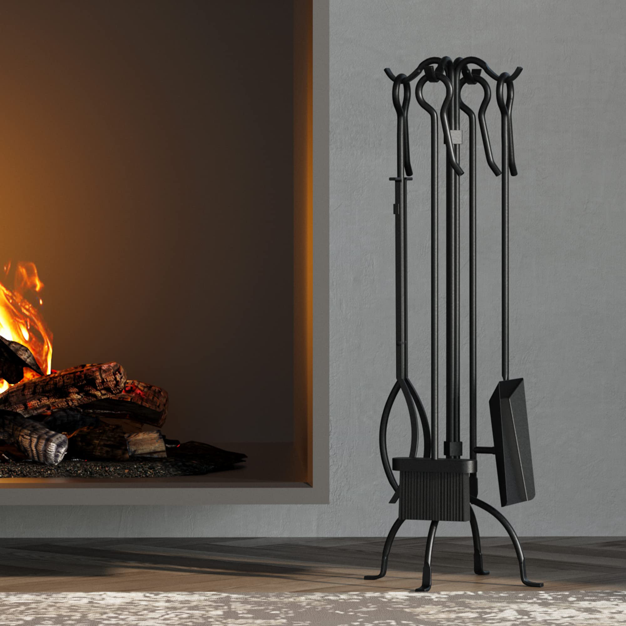 17 Stories 5-Piece Wrought Iron Fireplace Tool Set With Stand, Heavy ...