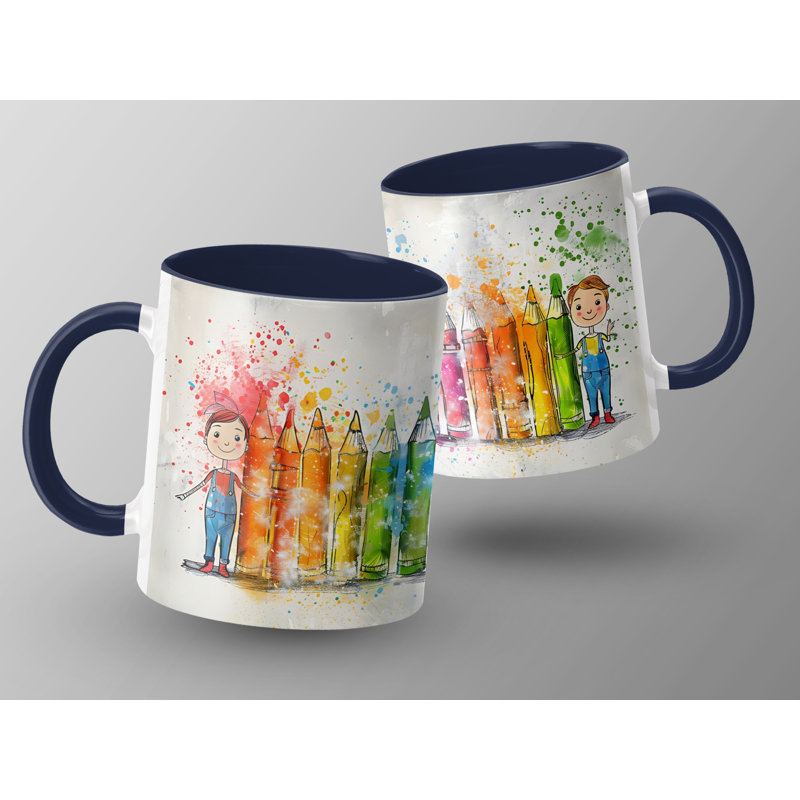 East Urban Home Set of 4 Kids Drawing Style 11oz Accent Mugs – White ...