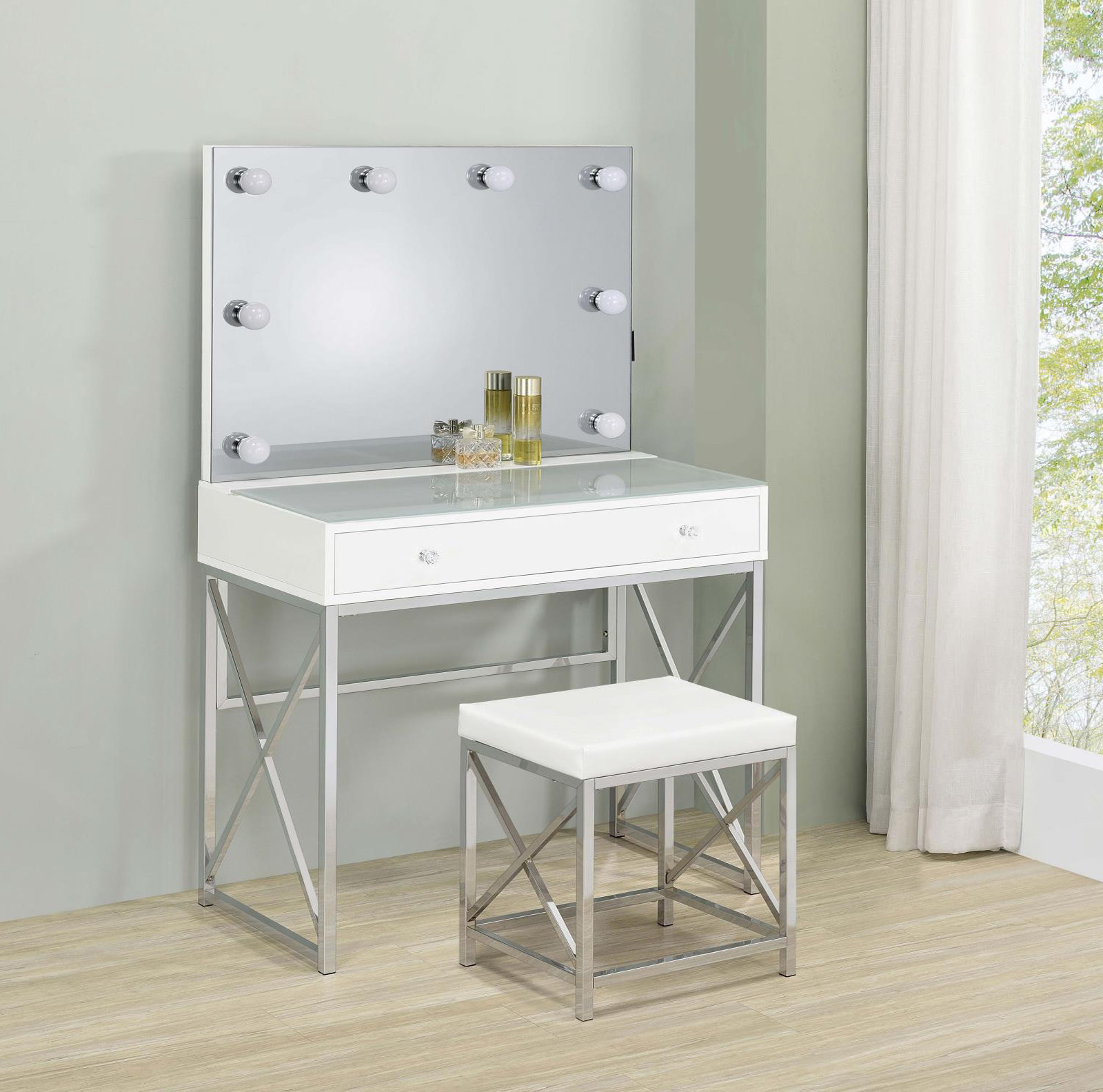 Latitude Run® 2 - Drawer Vanity Desk with Lighted Mirror and Stool in ...
