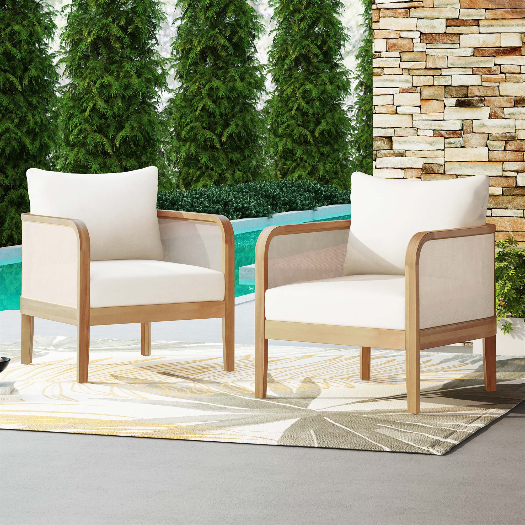 Gracie Oaks (Set Of 2) Outdoor Acacia Wood Patio Club Chair, Textilene ...