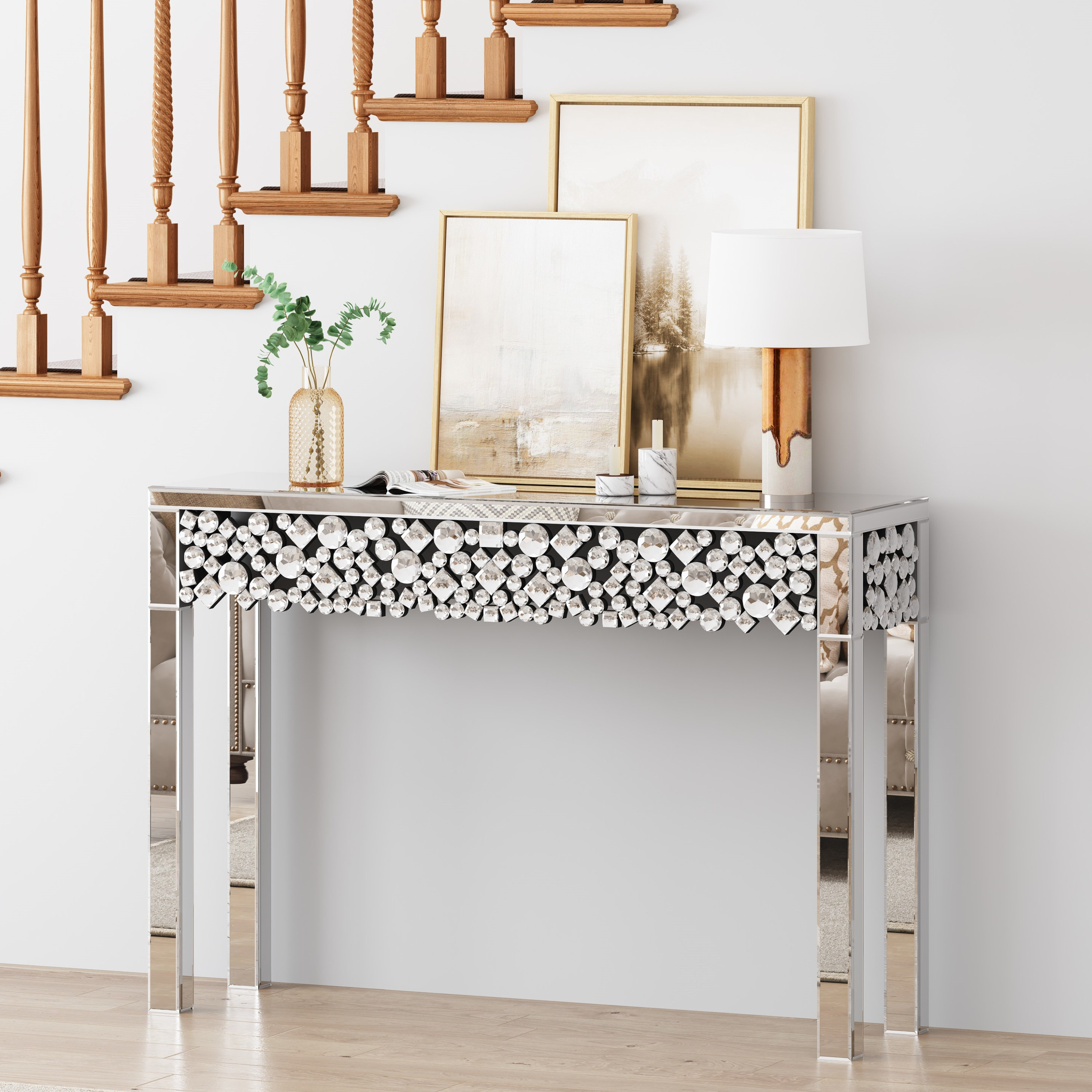 Blue Elephant Amla 120cm Mirrored Glass Console Table Crystal Inlay ...