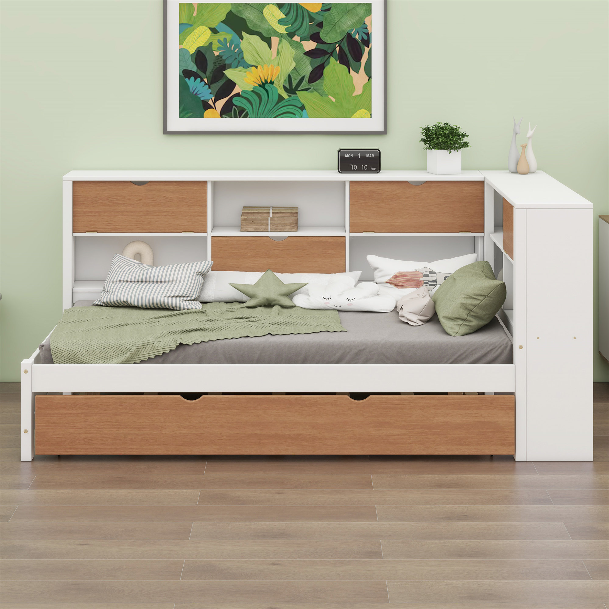 Lark Manor™ L-Shaped Bed Frame With Trundle Bed And And Bookcase,Corner ...
