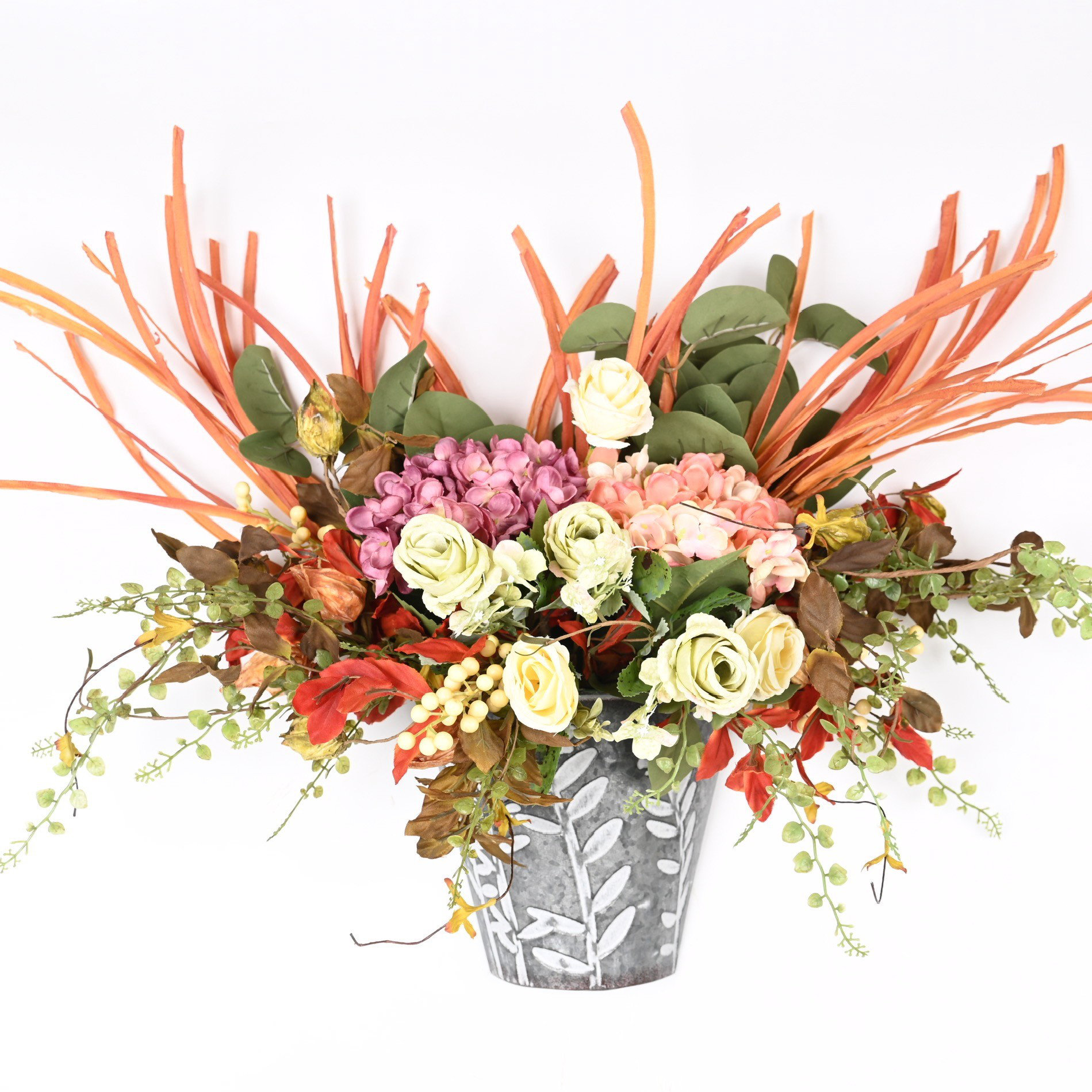 Primrue Artificial Hydrangea Flowers In Rustic Metal Pot, Chic Rose ...