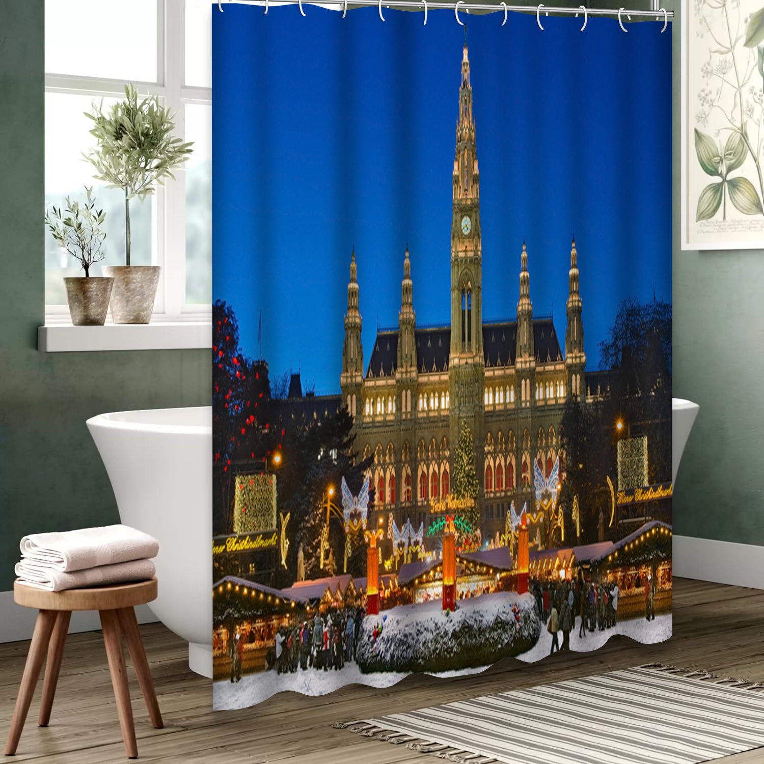 The Holiday Aisle® Rideau de douche Wine Wine Snowy, marché de Noël de ...