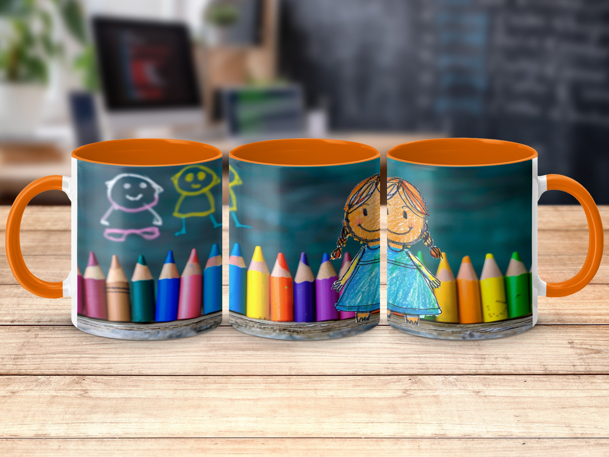 East Urban Home Set of 3 Kids Drawing Style 11oz Accent Mugs – White ...