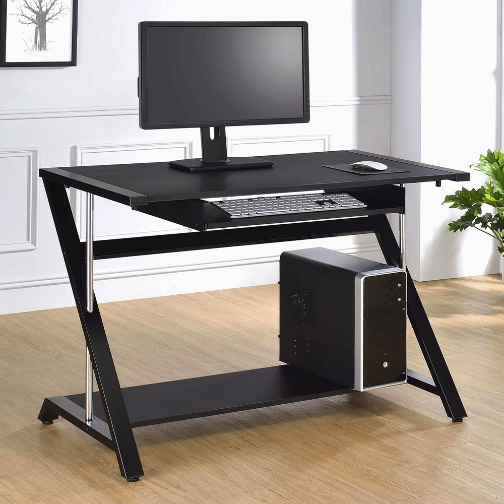 Ivy Bronx Black And Chrome Computer Desk With Keyboard Tray | Wayfair