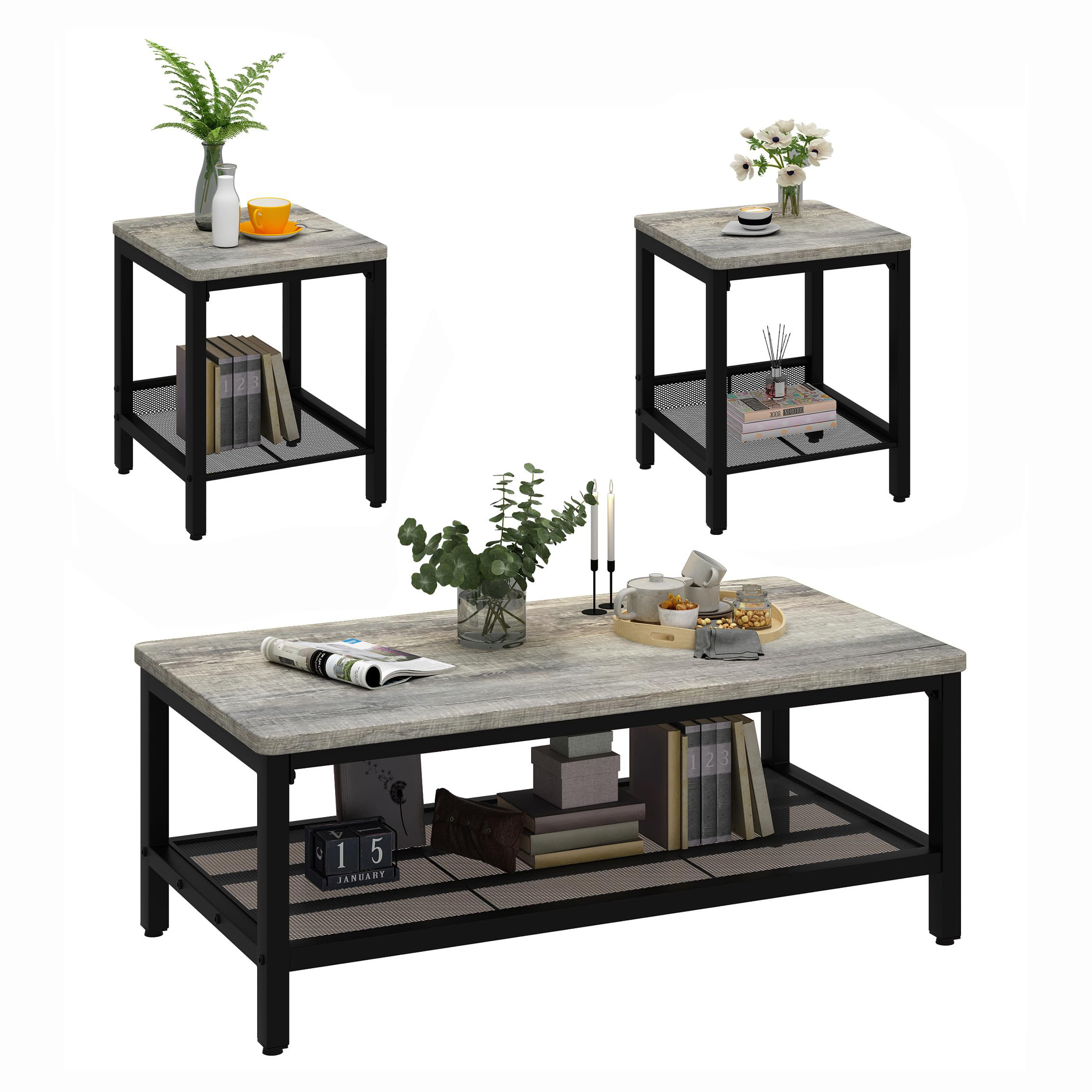 17 Stories Industrial Metal Frame 3 - Piece Living Room Coffee Table ...