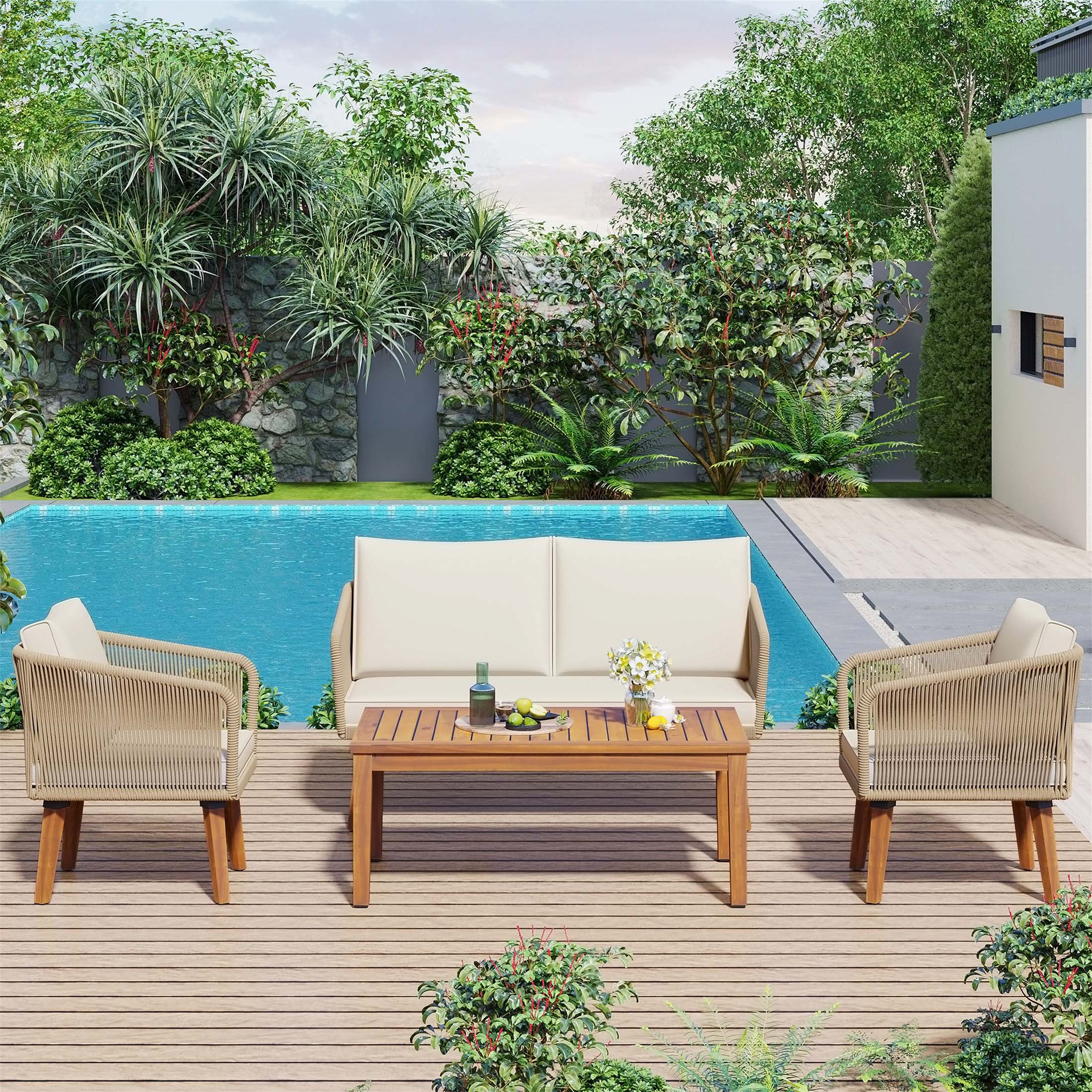 Ebern Designs 4-Piece Patio Conversation Set, Loveseat, Chairs and ...