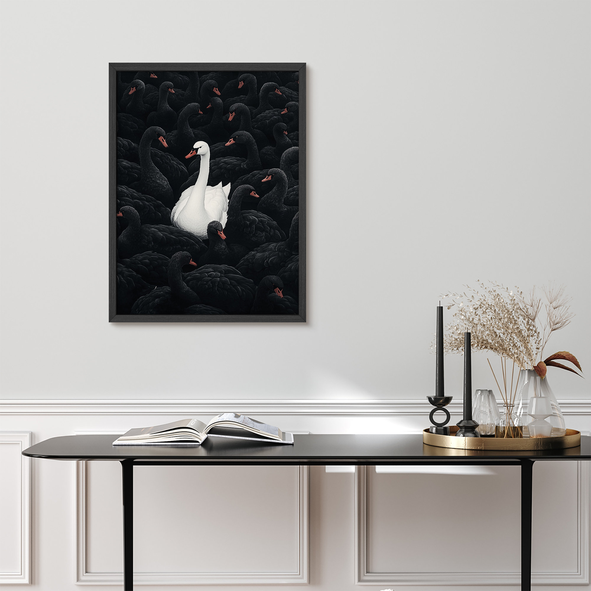 SIGNLEADER Framed Swan Among Swans Wall Art, Dramatic Animal Print in ...