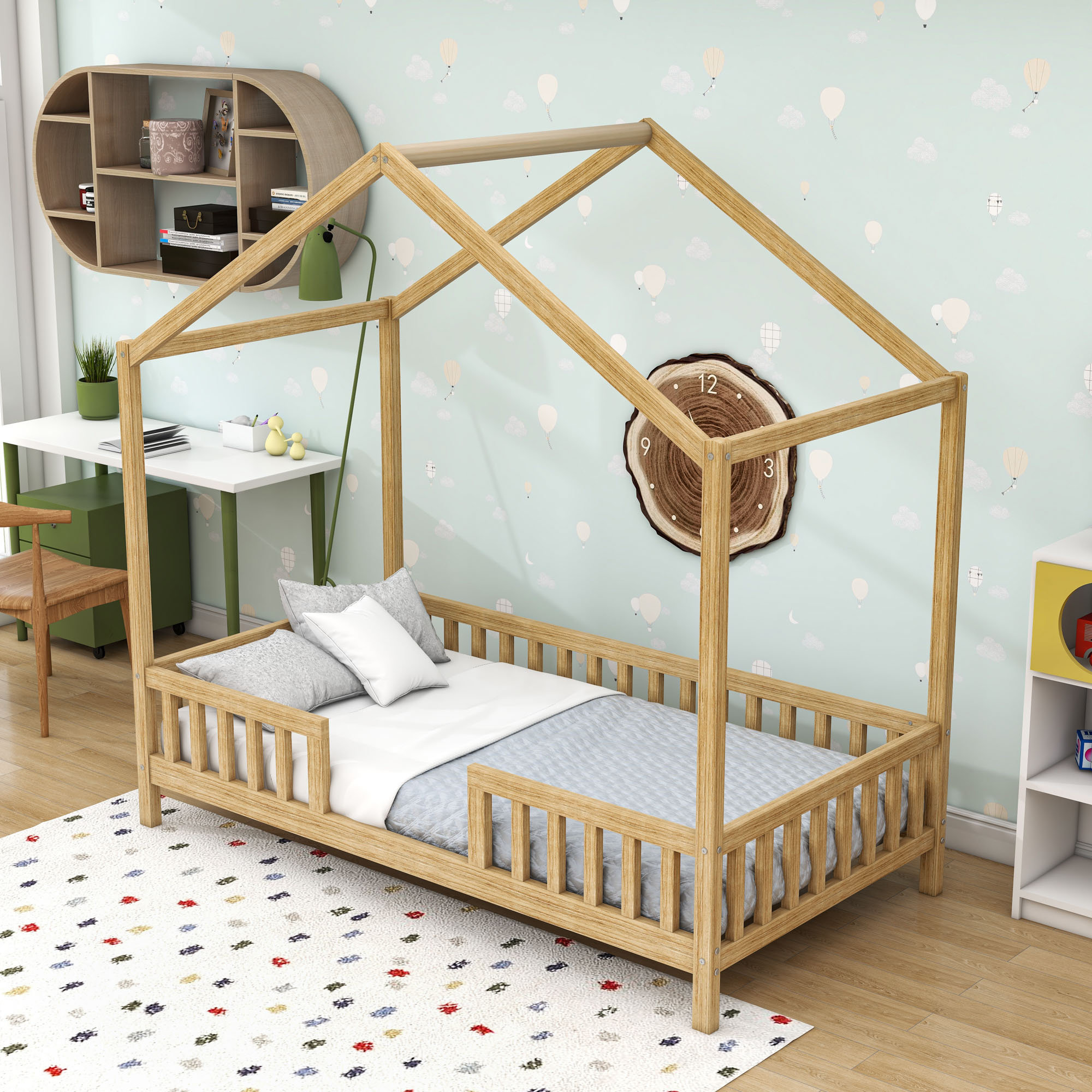 Harriet Bee Montessori Wood Platform House Bed With Railings | Wayfair