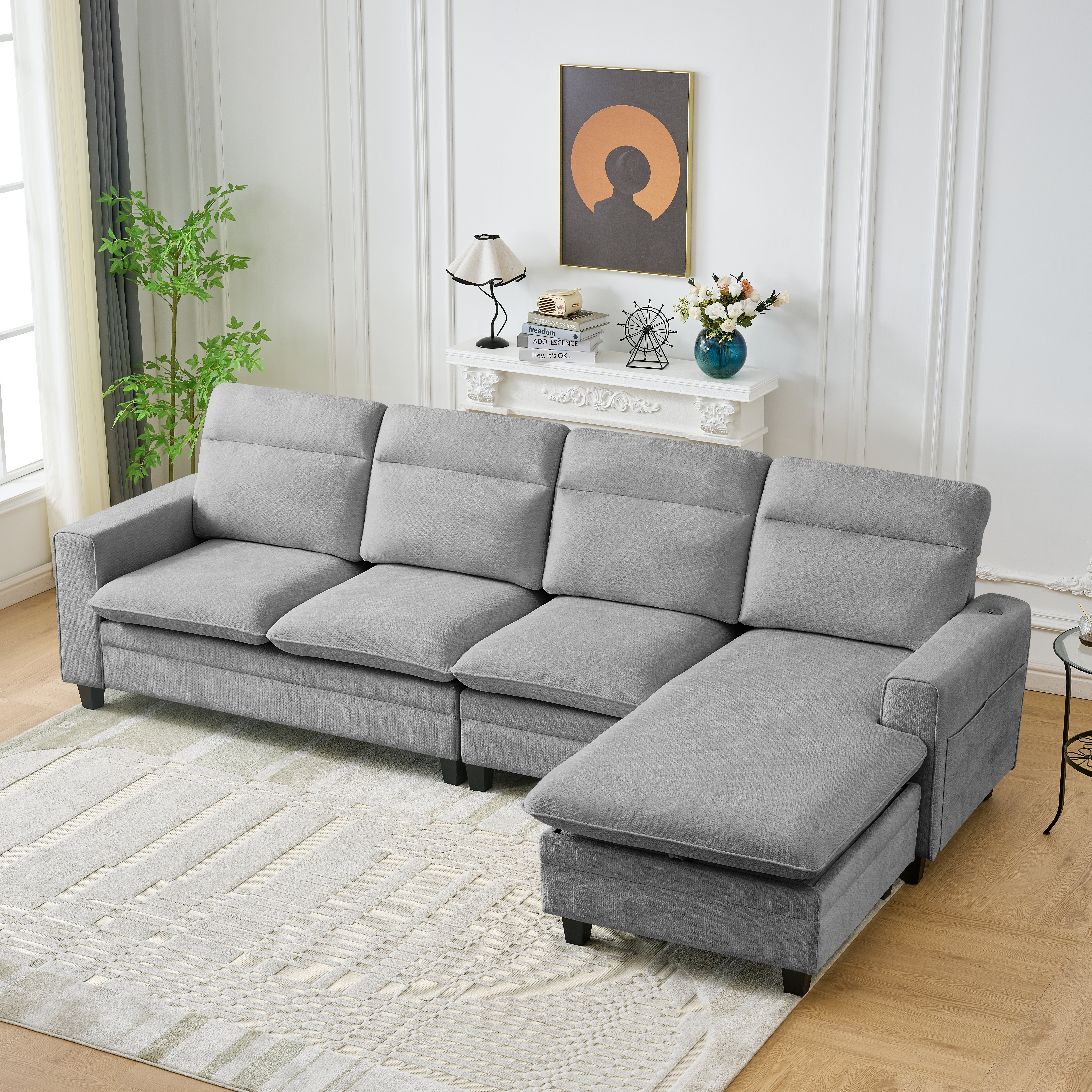 Ebern Designs Chenille Upholstered Modular Sofa With Chaise Built In ...