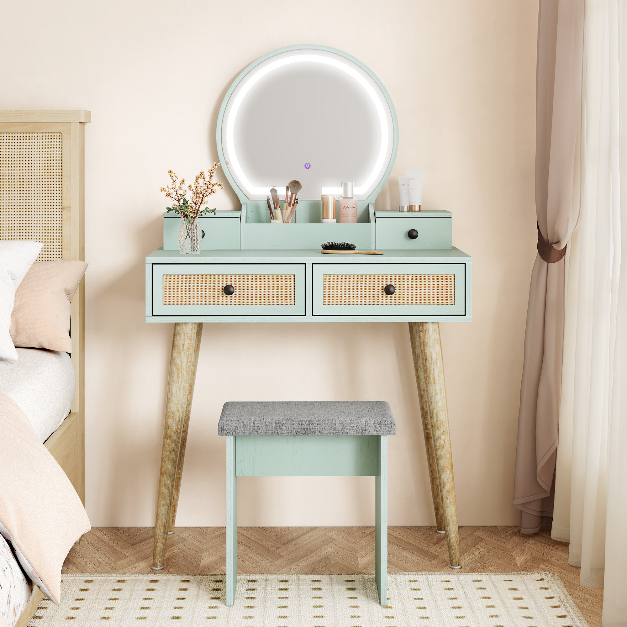 Wrought Studio™ Iesa Boho Natural Rattan Vanity with LED Mirror and ...