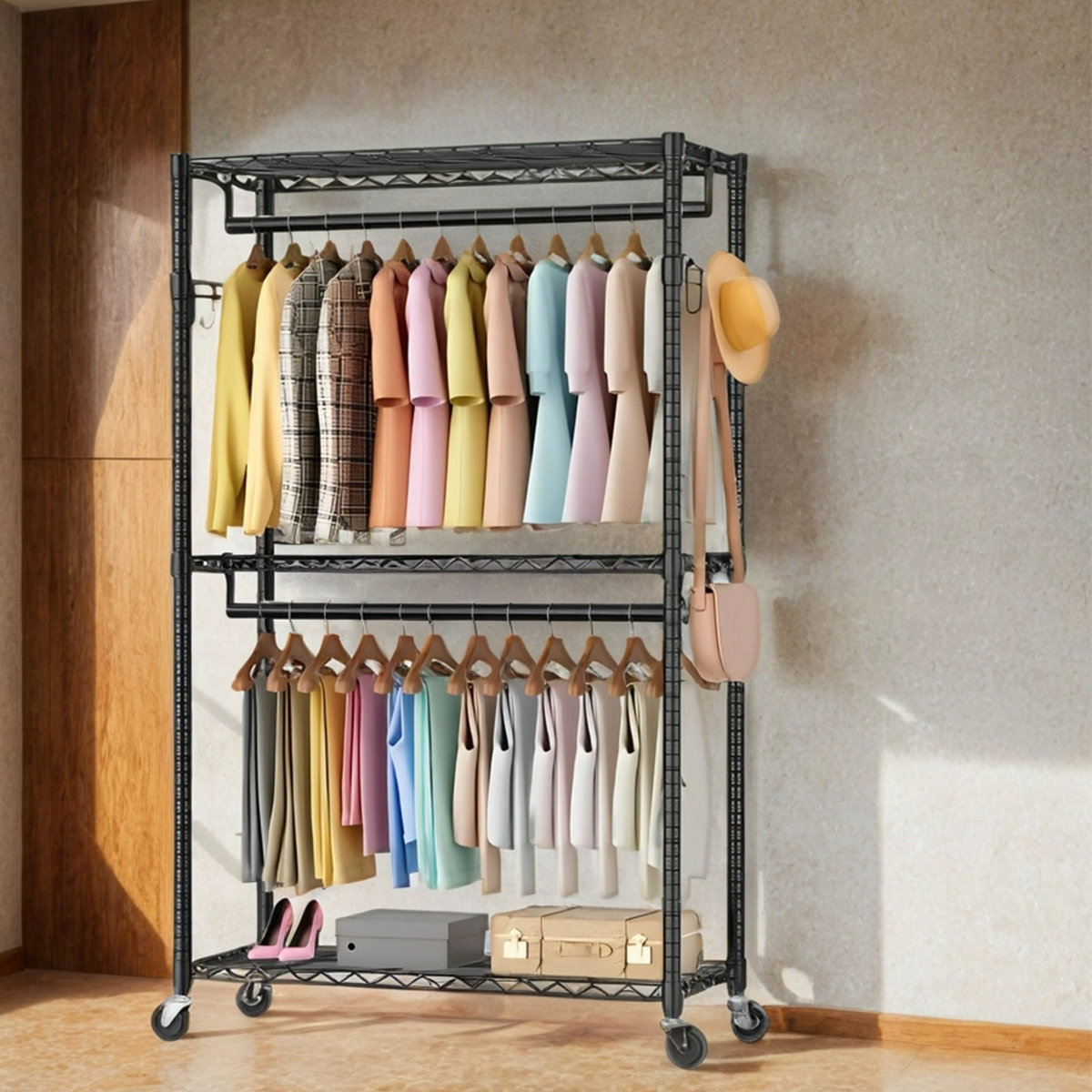 Rebrilliant Rolling Clothes Rack, Heavy Duty Garment Racks 3 Tiers ...