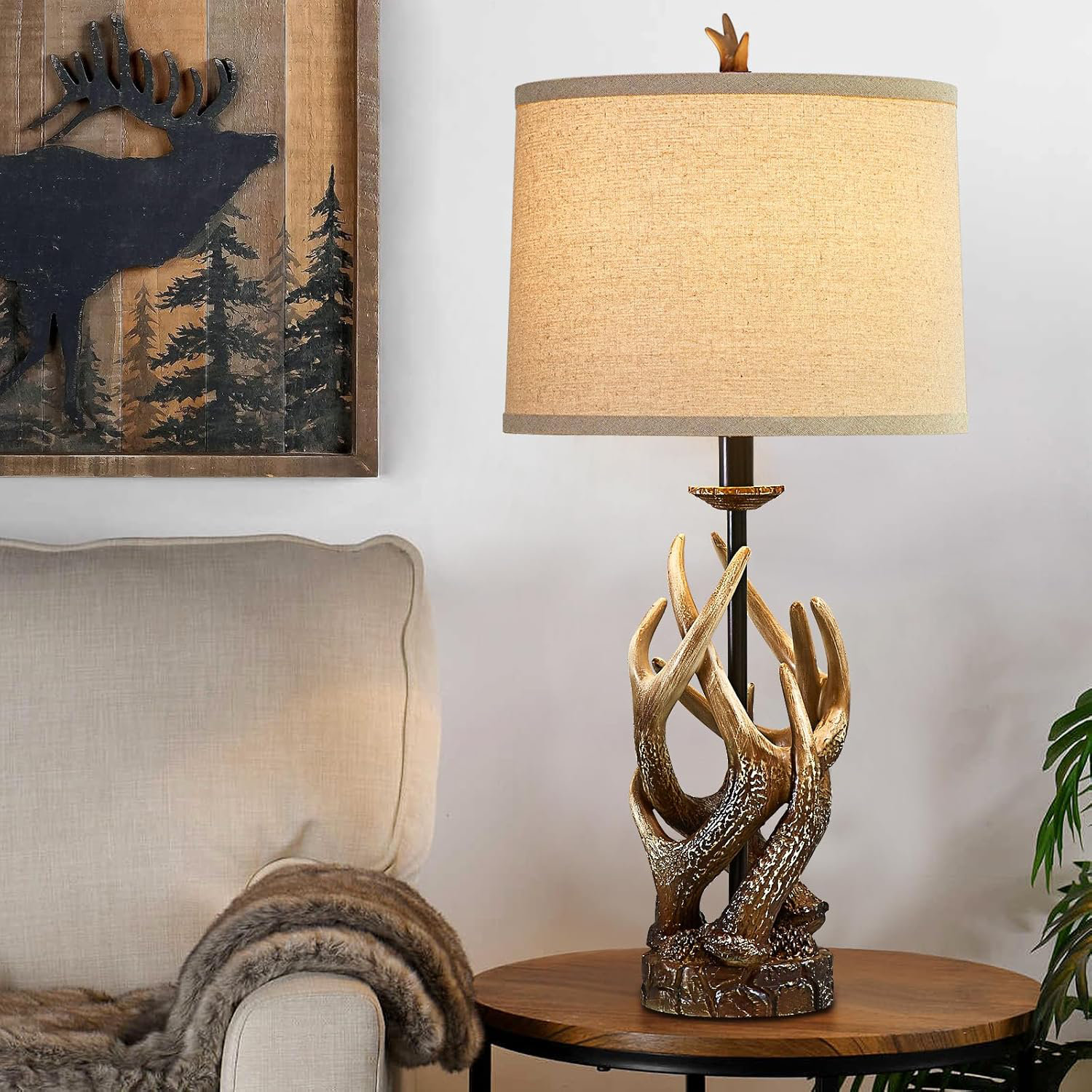 Loon Peak Rustic Farmhouse Table Lamp With Deer Antler Design And Dual ...