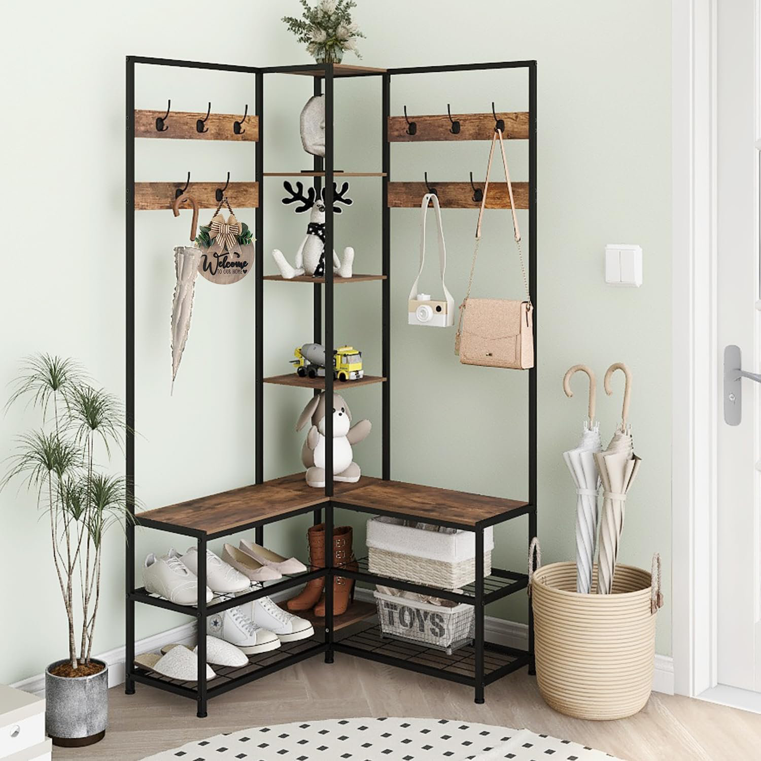17 Stories Corner Hall Tree With Shoe Rack Storage Bench Display Open ...