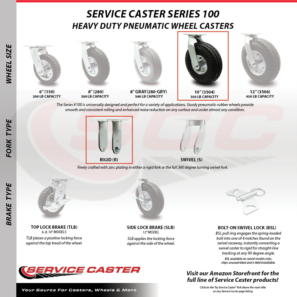 Service Caster 4 Piece Pneumatic Caster Set with with Swivel Lock and ...
