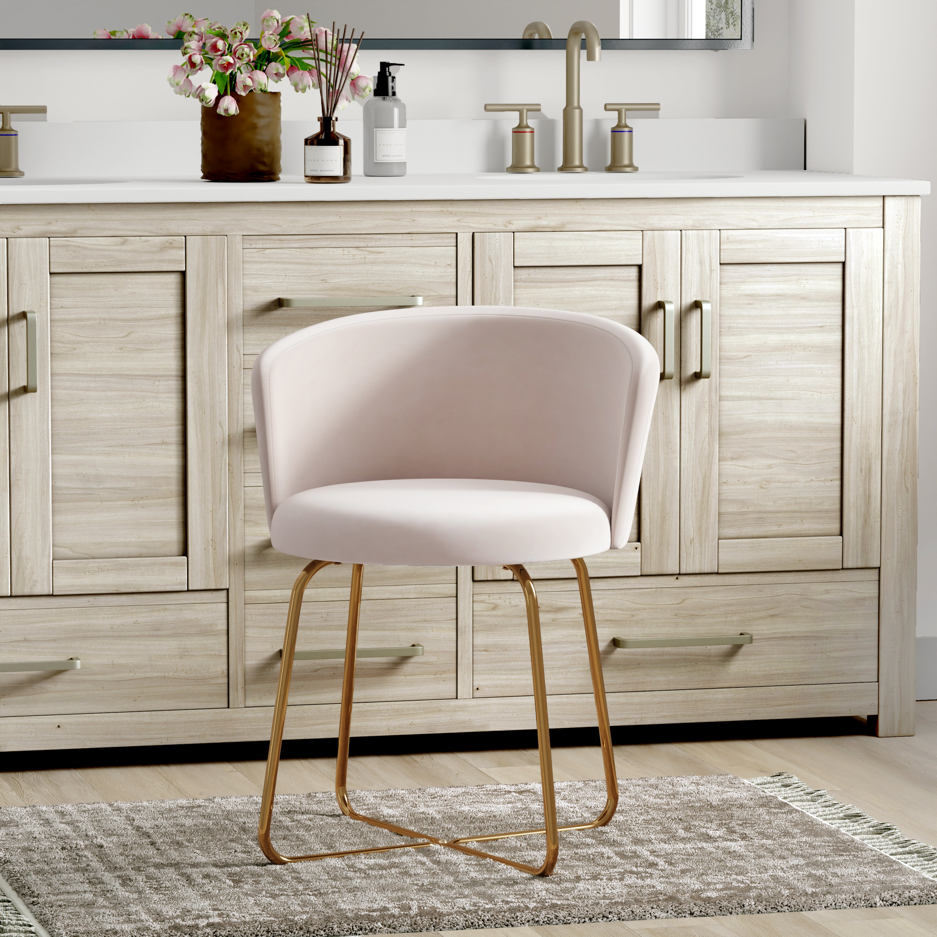 Willa Arlo™ Interiors Kylen Metal Vanity Stool, Gold With Pink Fabric ...