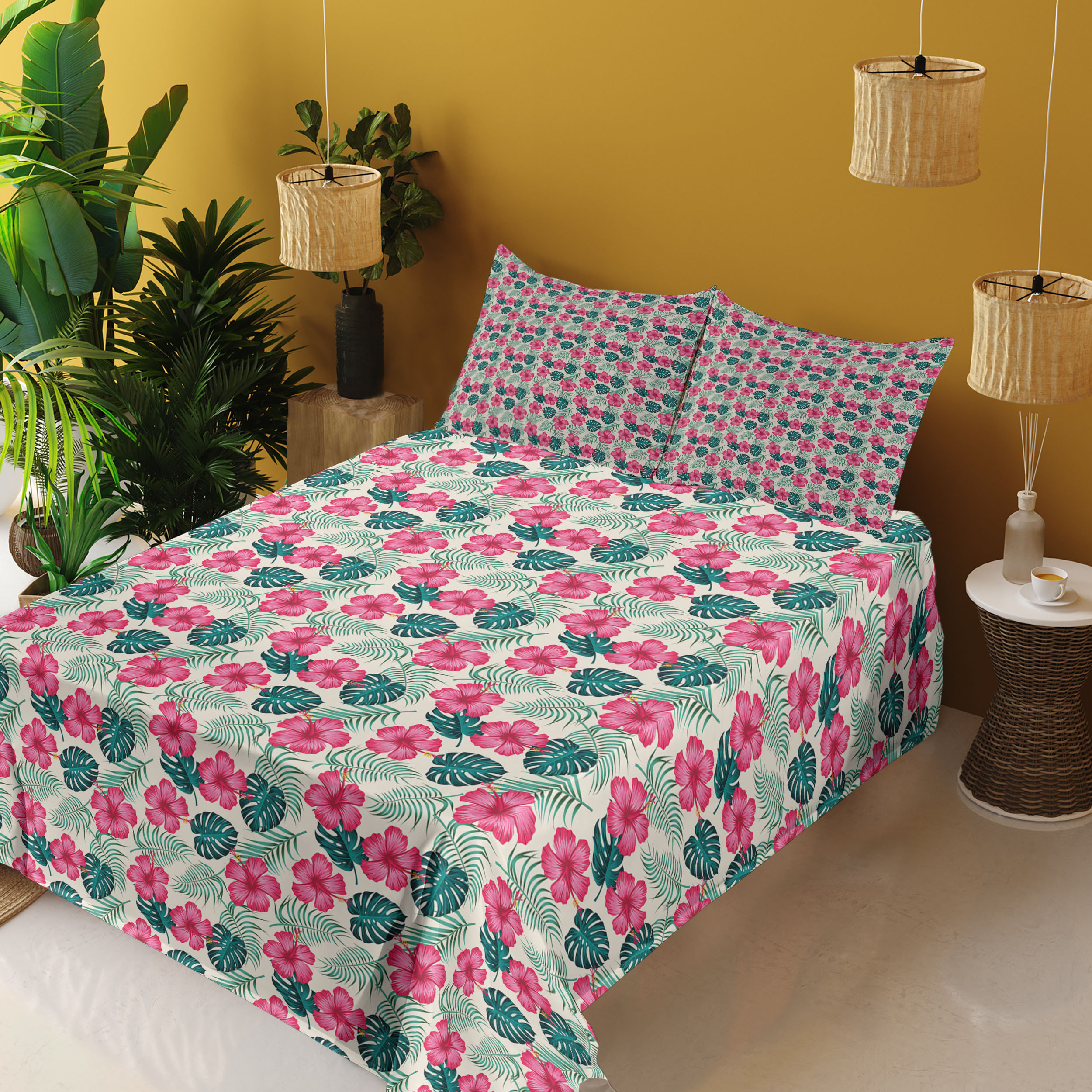 Ambesonne Tropical Sheet Set Palm Monstera Hibiscus Art Pastel Pink and ...