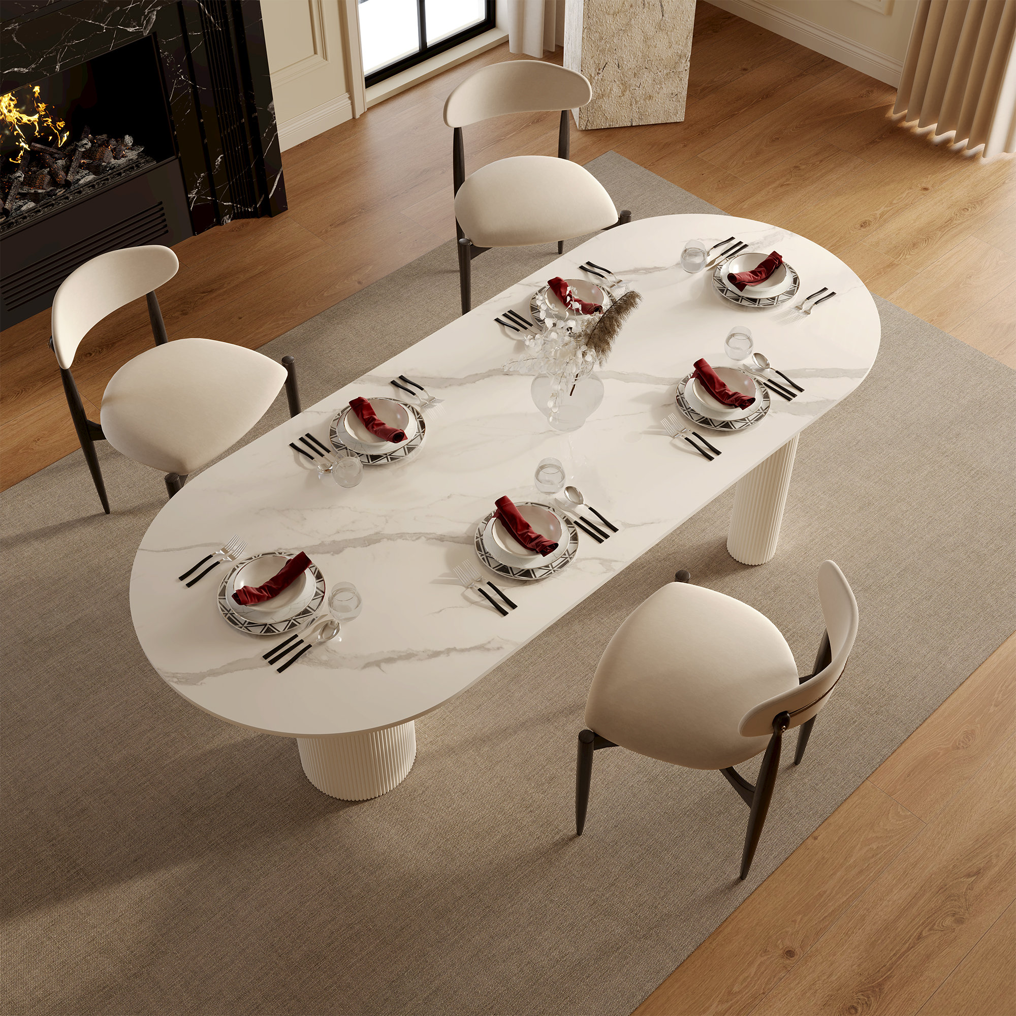 Ivy Bronx Oval Dining Table,Cream Column Base And White Textured ...