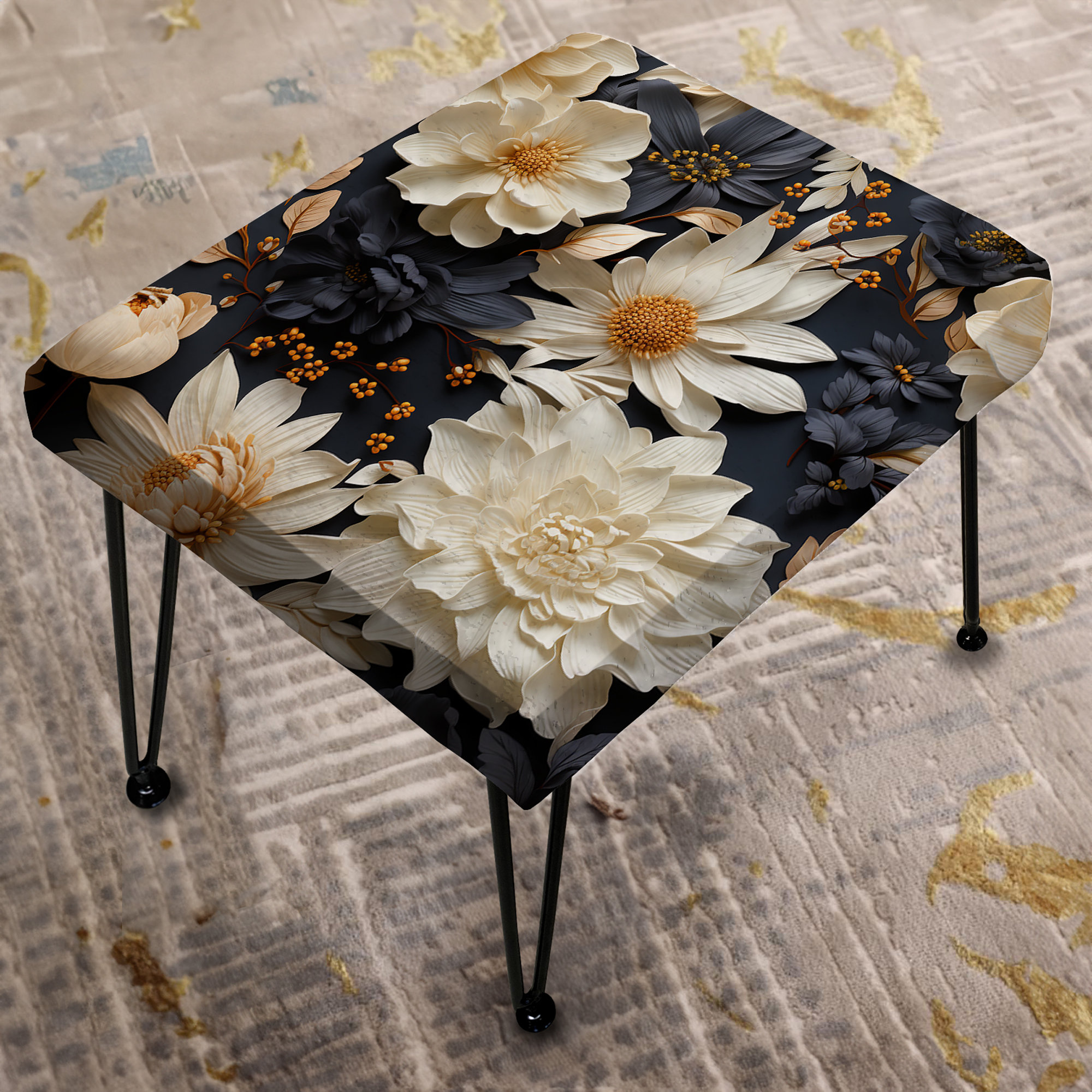 Design Art White Dahlia Cottage Collage - Floral Rectangle Ottoman ...