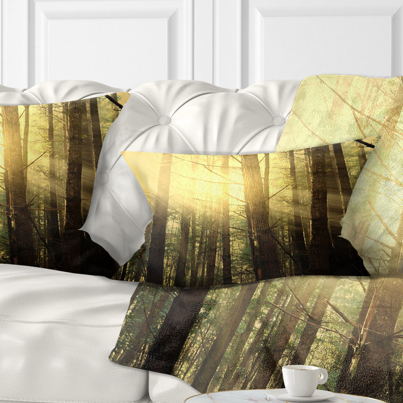 Design Art Dense Green Sunny Forest - Landscape Printed Throw Pillow ...