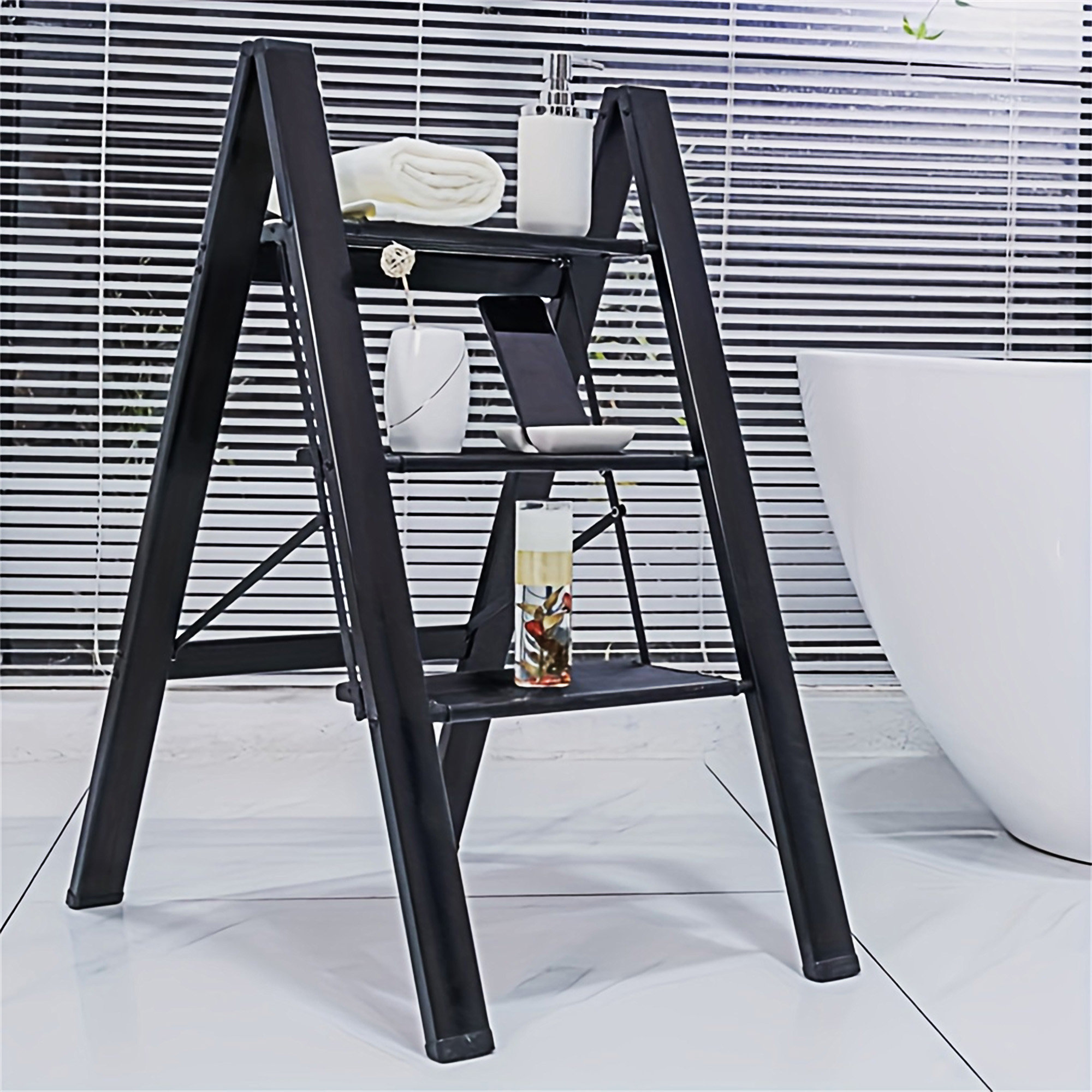 Hokku Designs 3 Step Ladder Aluminum Light Folding Step Bench Wide Non ...