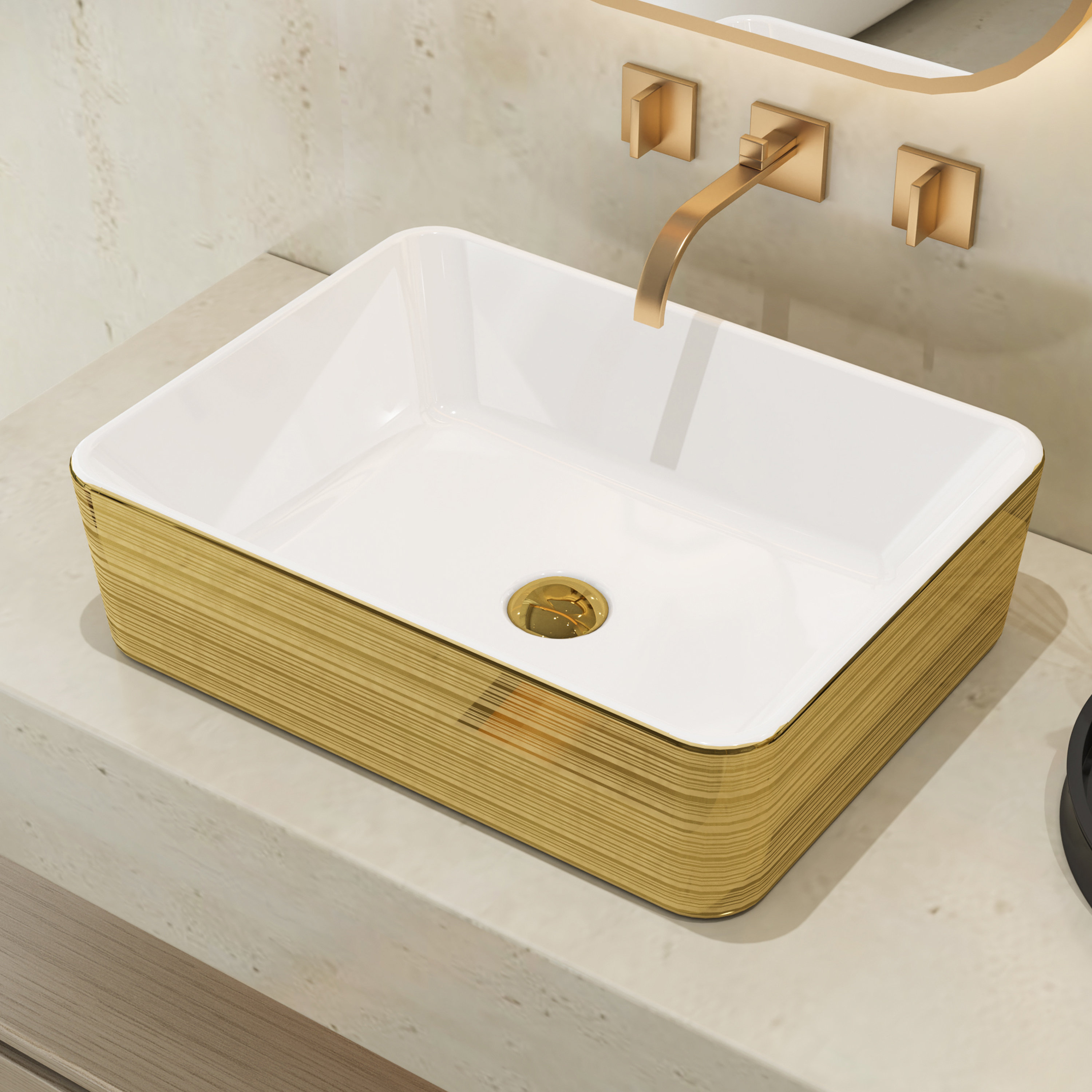 MEJE 19" Luxury Gold Stripes Rectangle Bathroom Vessel Sink, Above ...