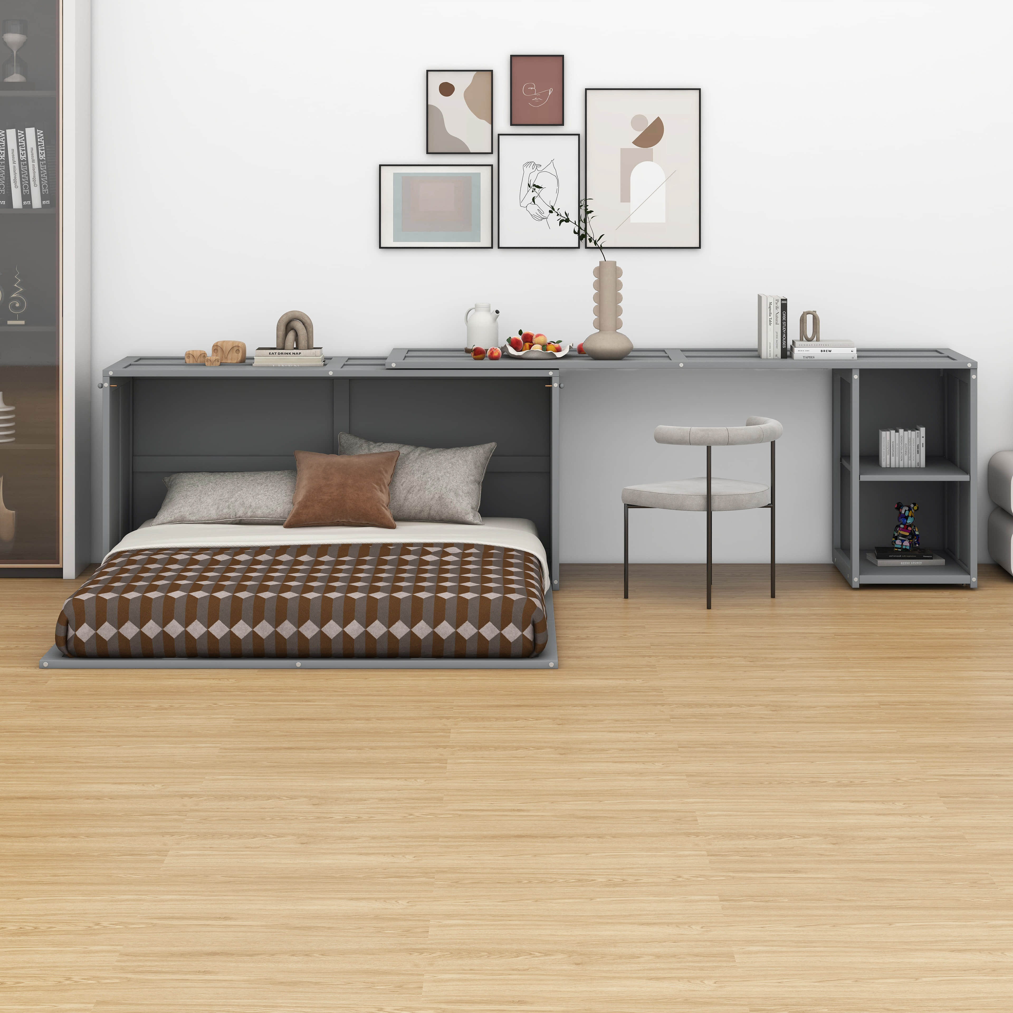 Everly Quinn Queen Size Murphy Bed With Rotatable Desk, Wood Bed With ...