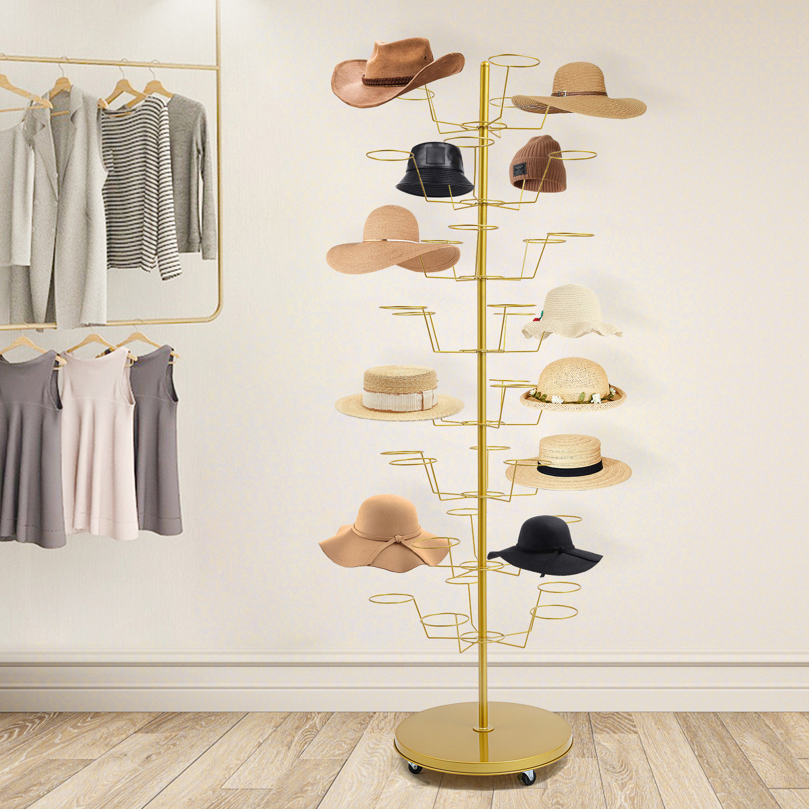 Rebrilliant Freestanding 8-Tier Hat Display Stand With 4 Wheels (White ...