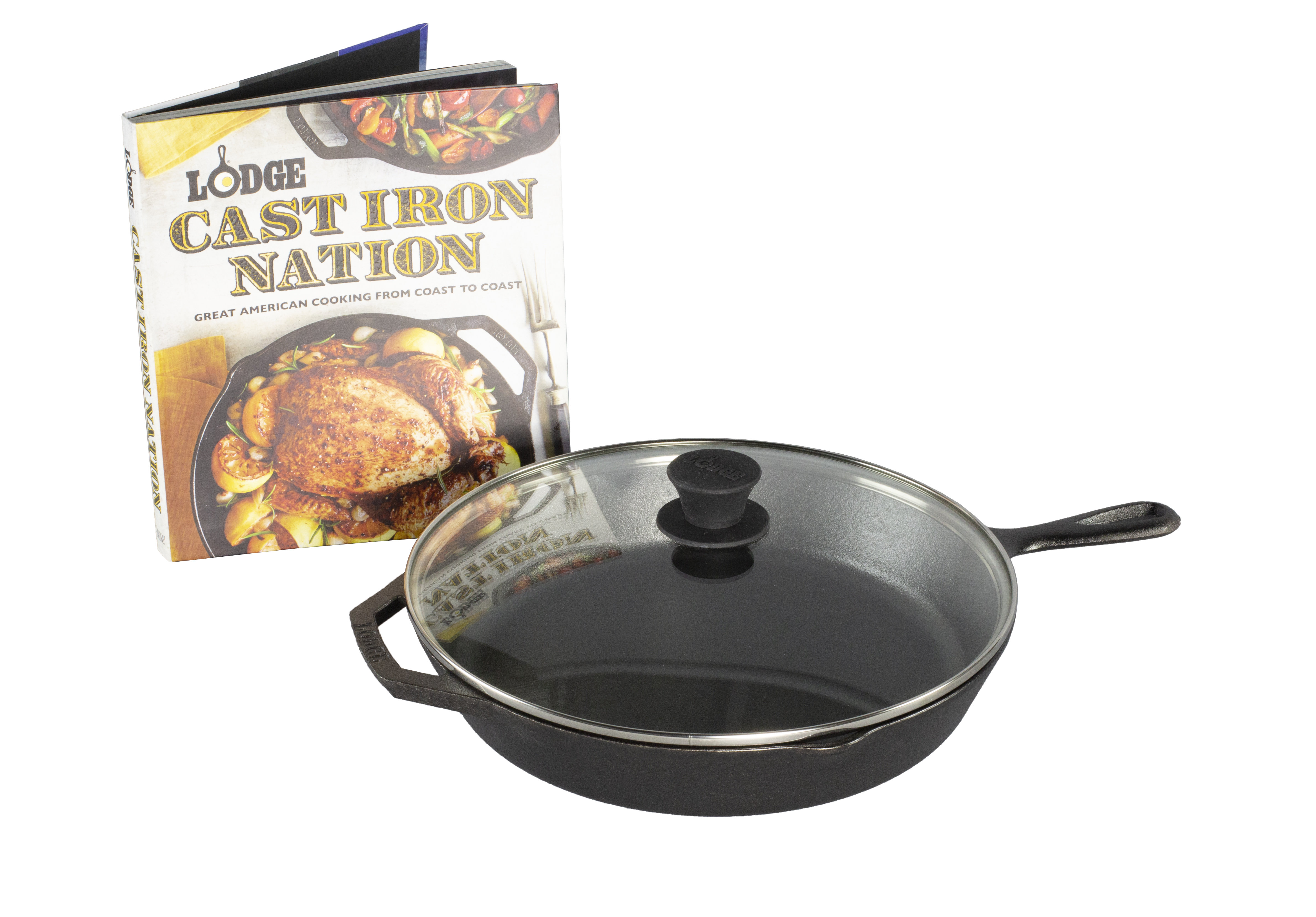 Lodge 12 in. Cast Iron Skillet with Glass Lid and Cast Iron Nation ...