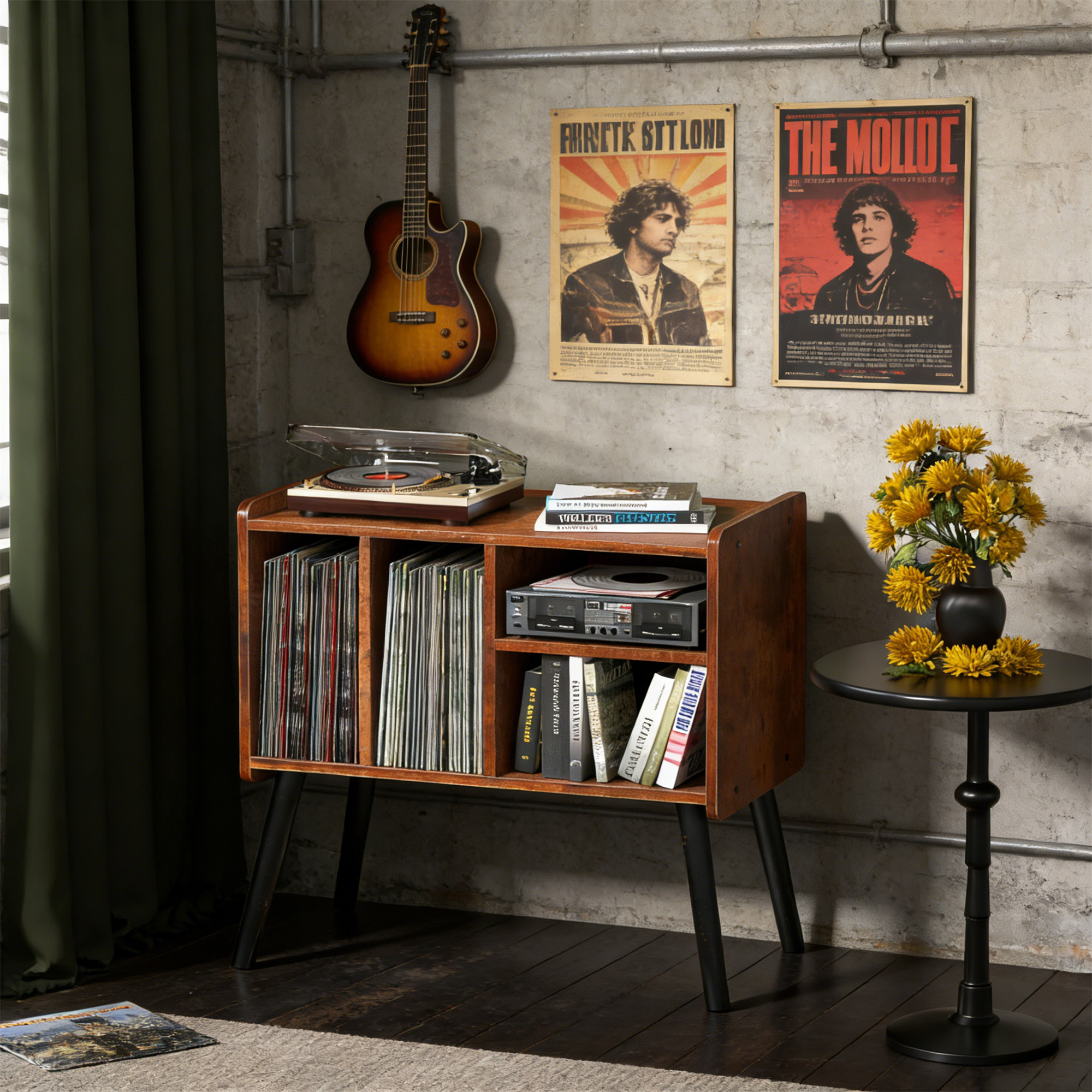 17 Stories Mid-Century Wood Record Player Table With Vinyl Storage For ...