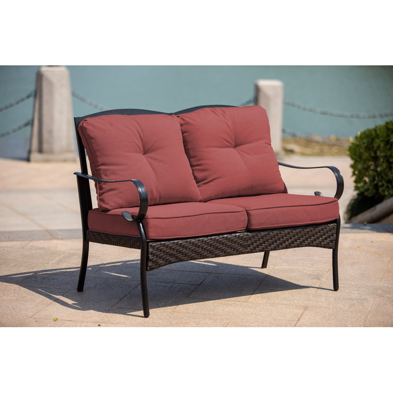 Winston Porter W48 In. Outdoor Metal Wicker Loveseat With Red Cushions ...