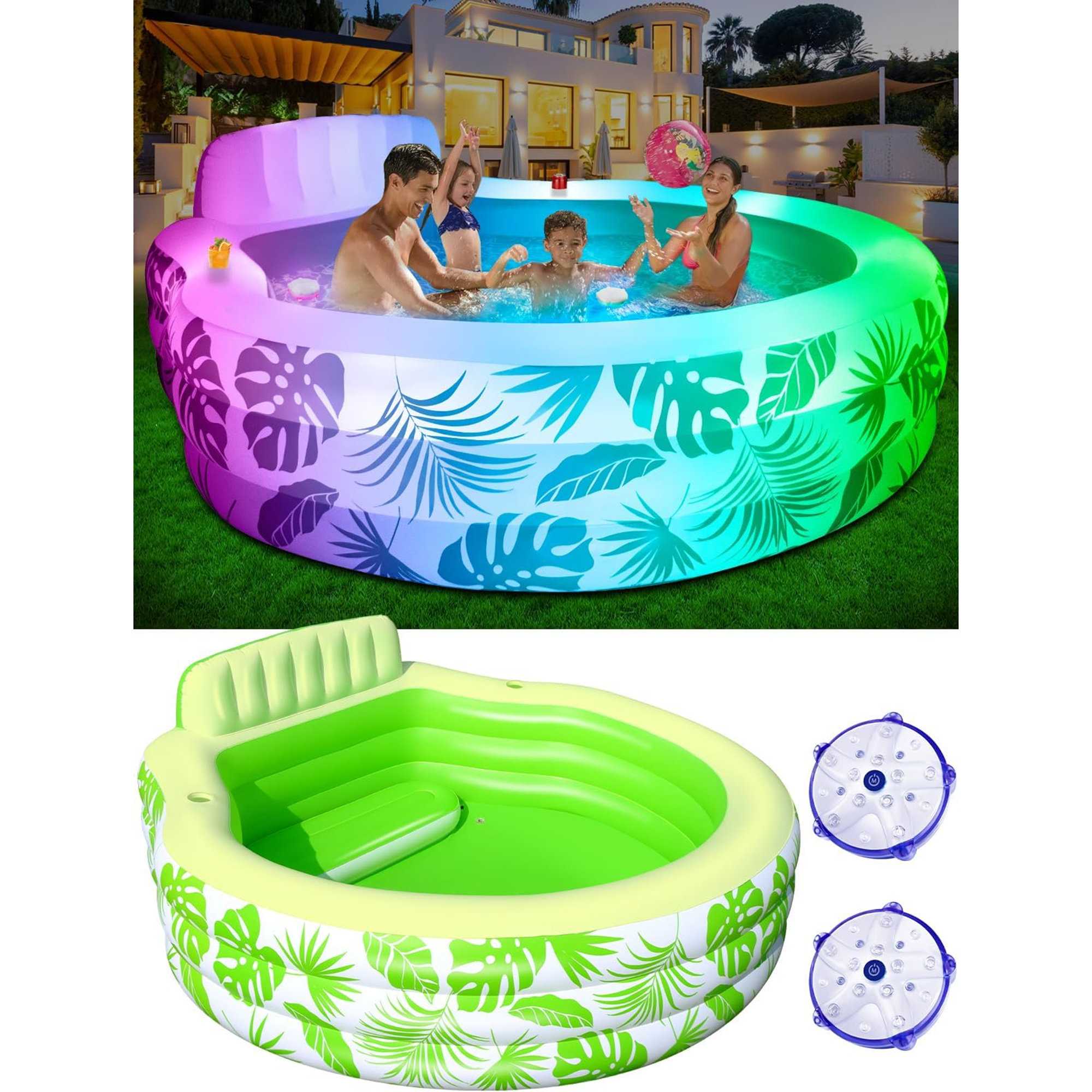 KIBNOF Inflatable Pool with Pool Lights, Oversized Thickened Blow Up ...