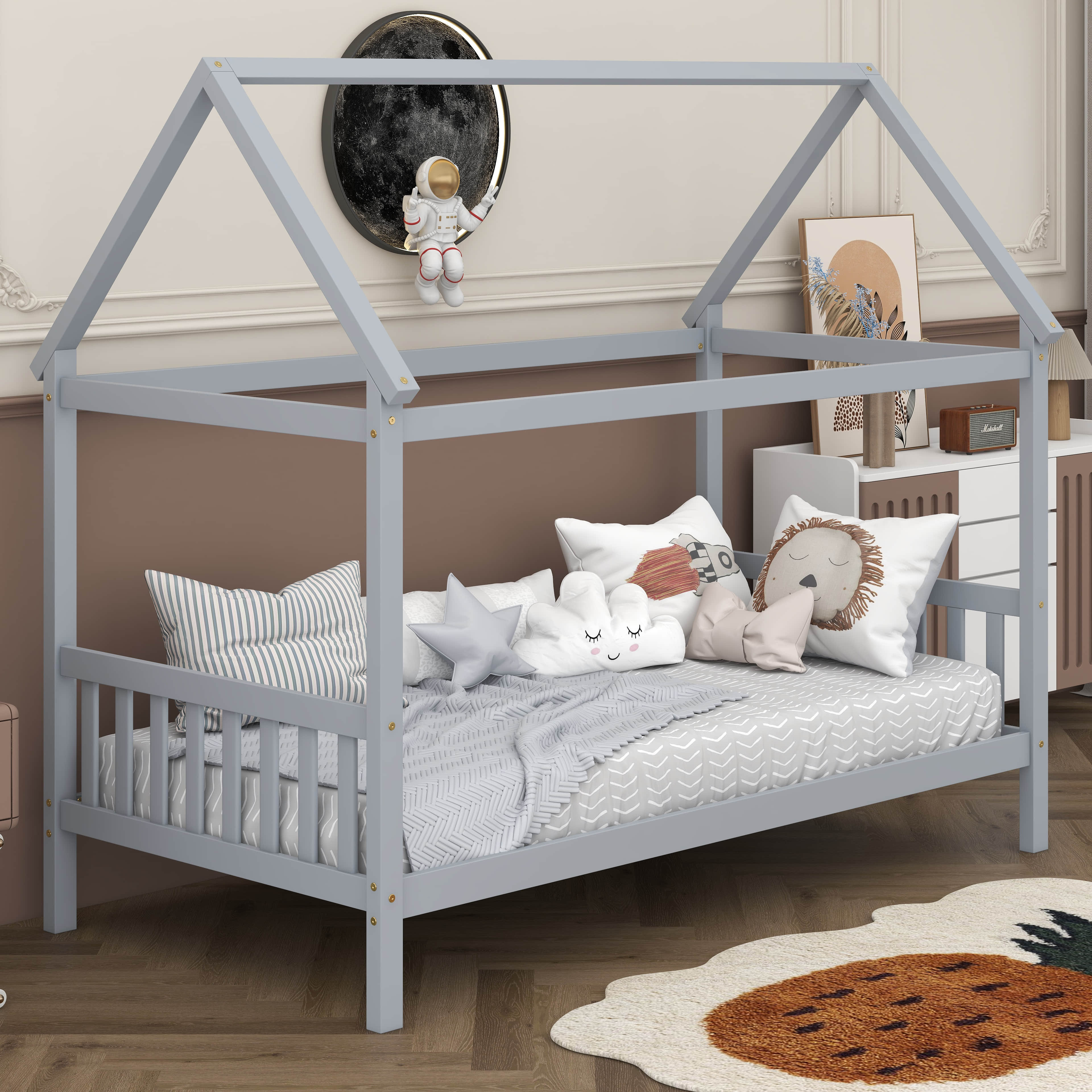 Harper Orchard Twin Size House Bed With Roof Design, Solid Wood House ...