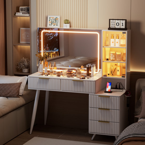 Ivy Bronx Fluted Makeup Vanity Desk With Mirror And Lights,Sliding ...
