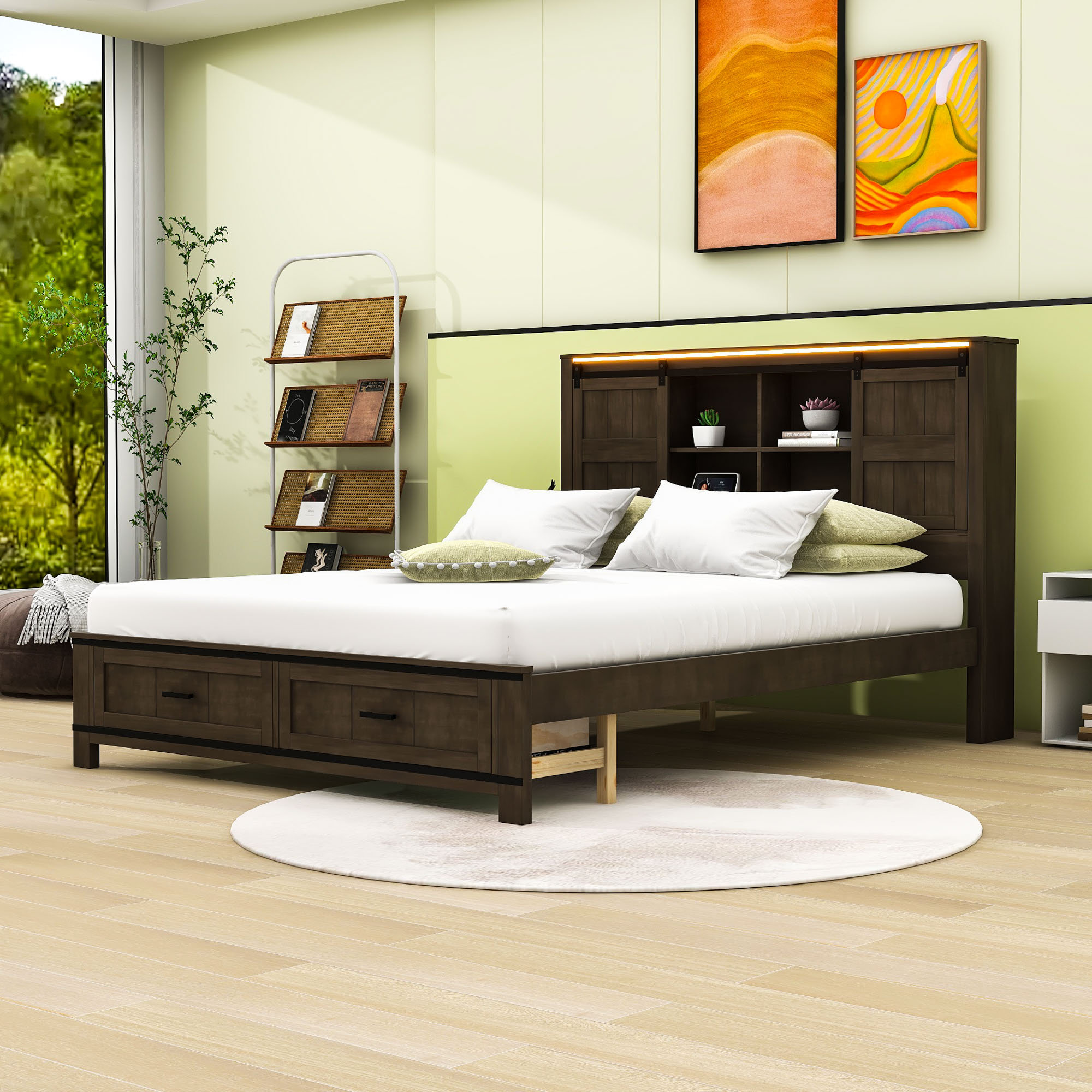 Gracie Oaks Queen Wooden Platform Bed with Shelves and USB and 2 ...