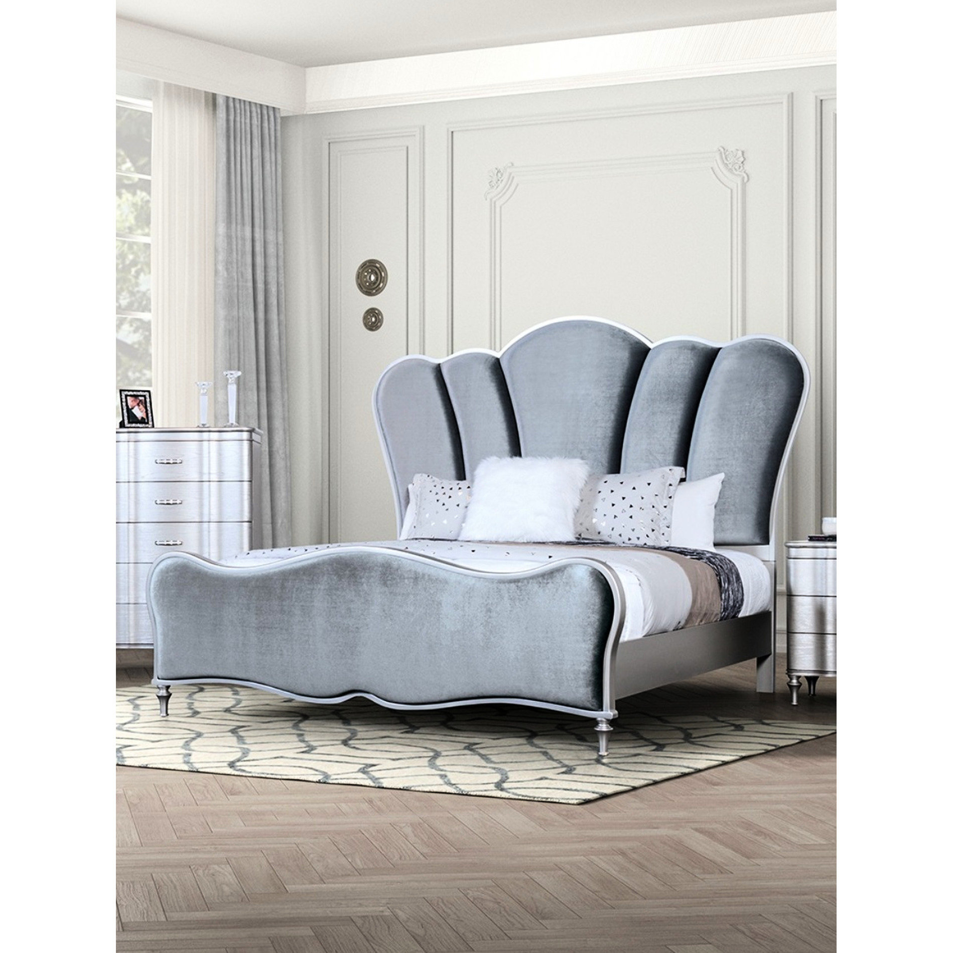 Everly Quinn Queen Bed In Style With Black Fabric Upholstered Padded ...
