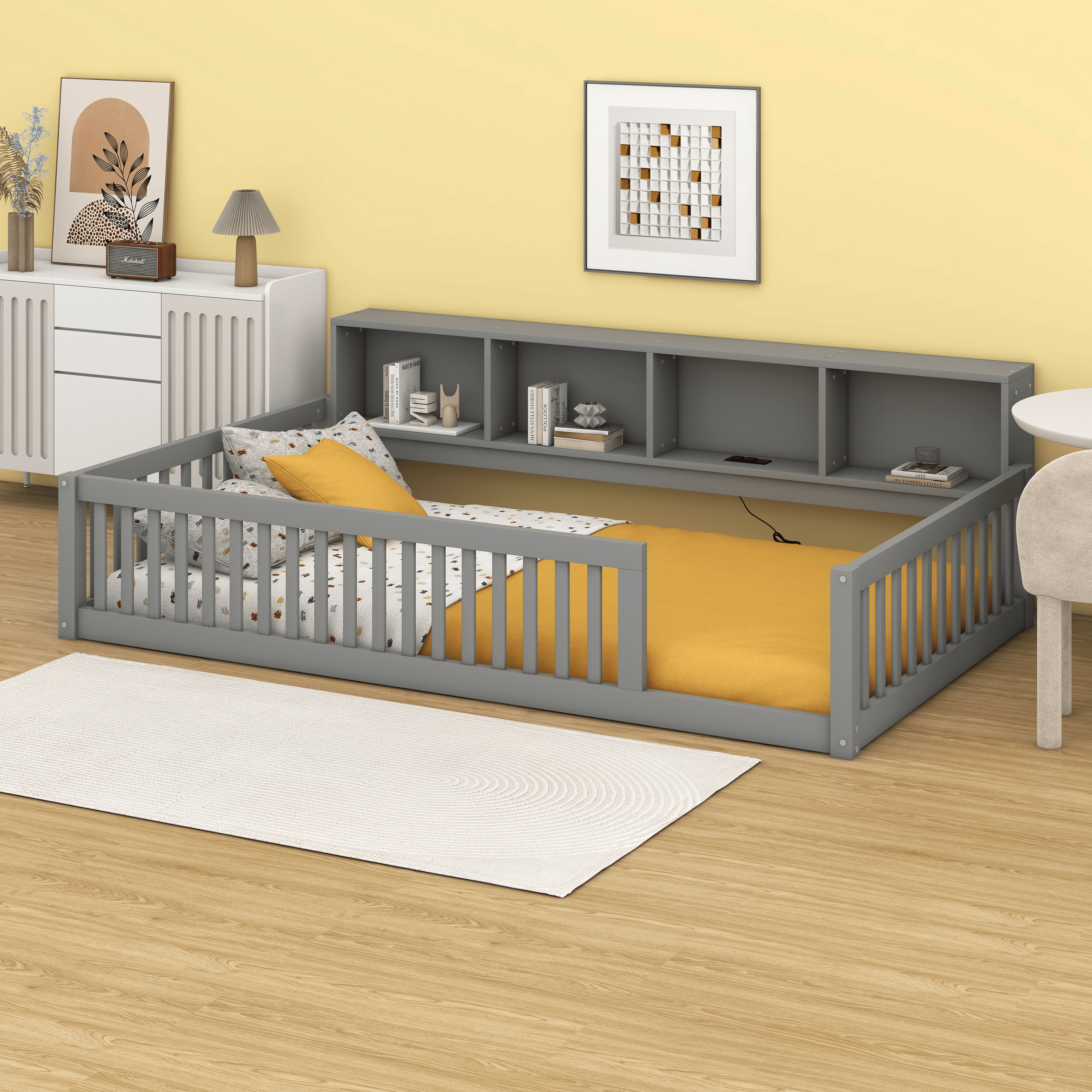 Ophelia & Co. Wood Twin XL Size Bed With Fence Rails,Storage Cabinets ...