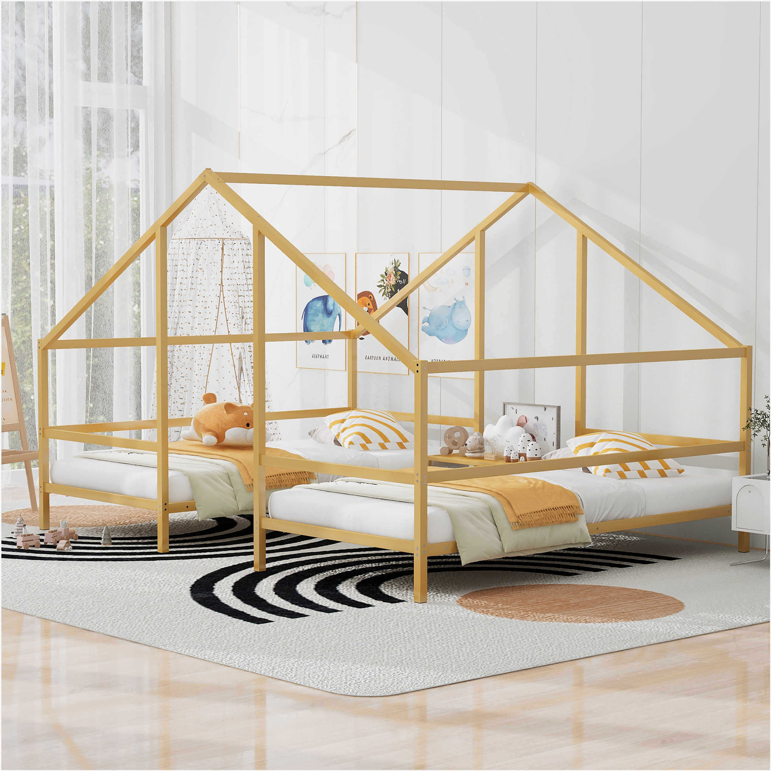 Harper Orchard Metal Double Twin Size Triangular House Beds with Built ...