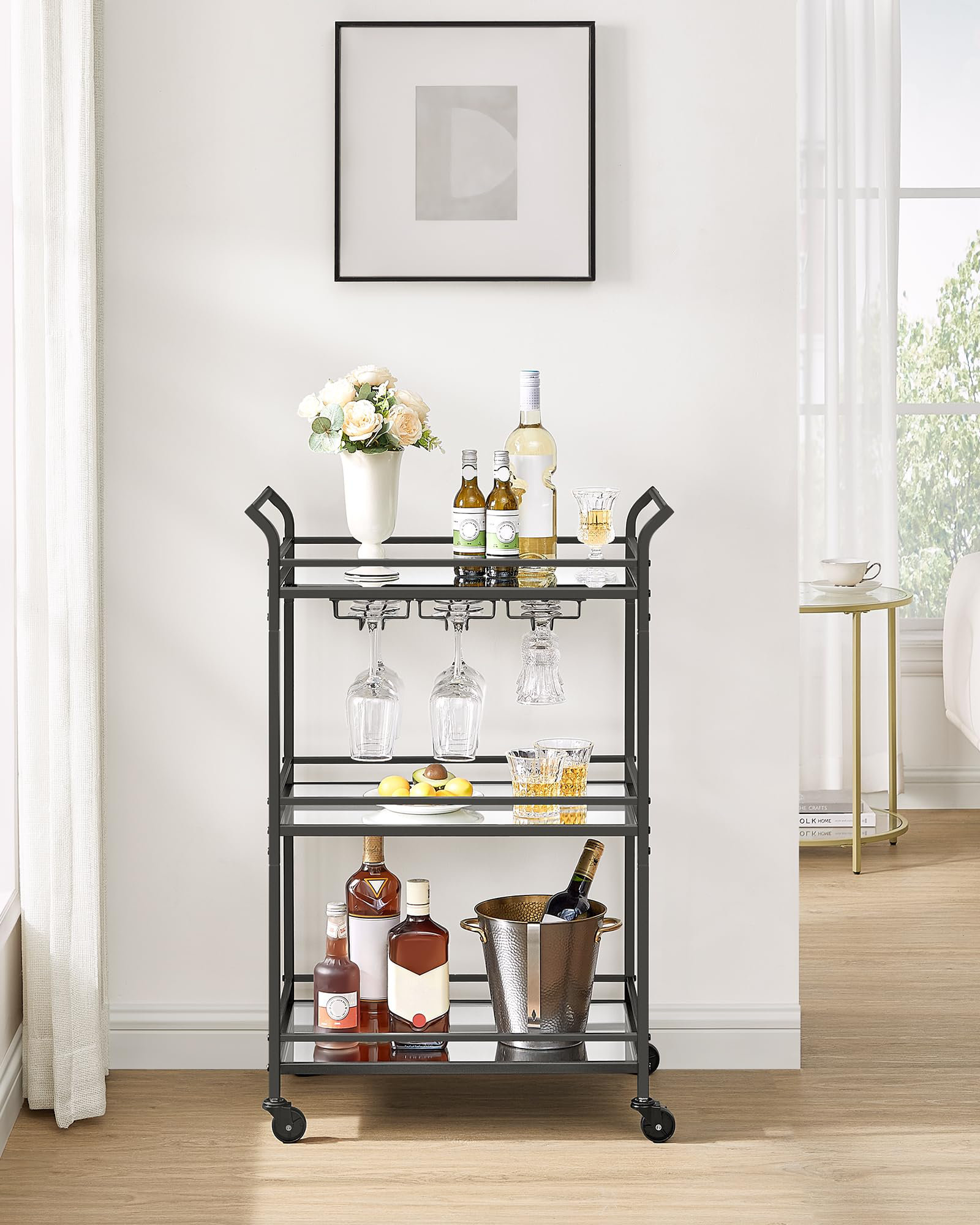 Red Barrel Studio® Compact Bar Cart With Mirrored Glass Shelves, Black ...
