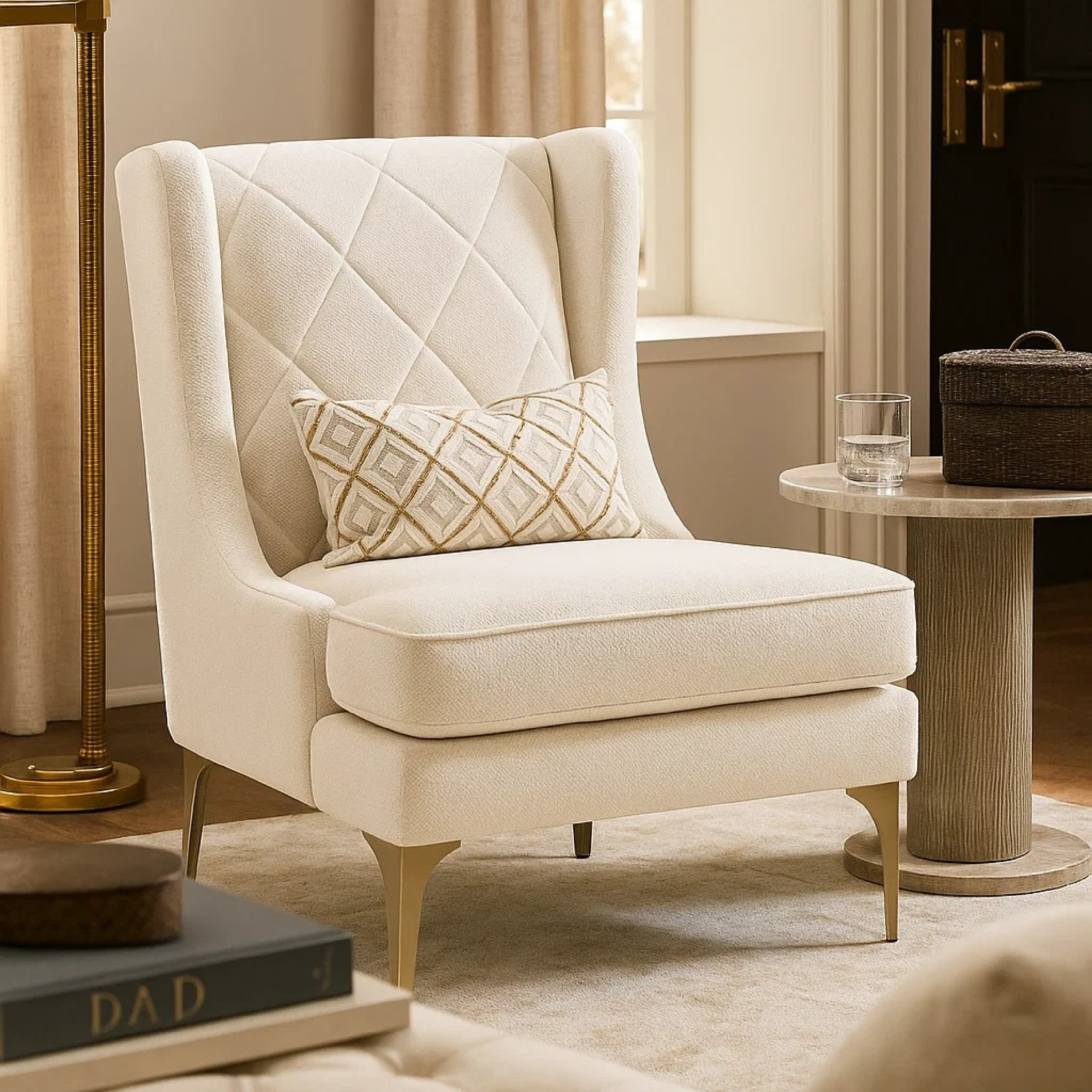 Benjara Svy Wingback Accent Chair, Dark Grey Chenille Cushion, Gold ...