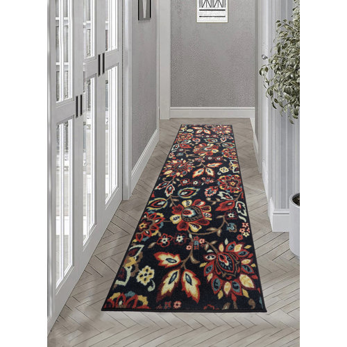 Charlton Home® Custom Size Runner Rug Berber Style Floral Black Low ...
